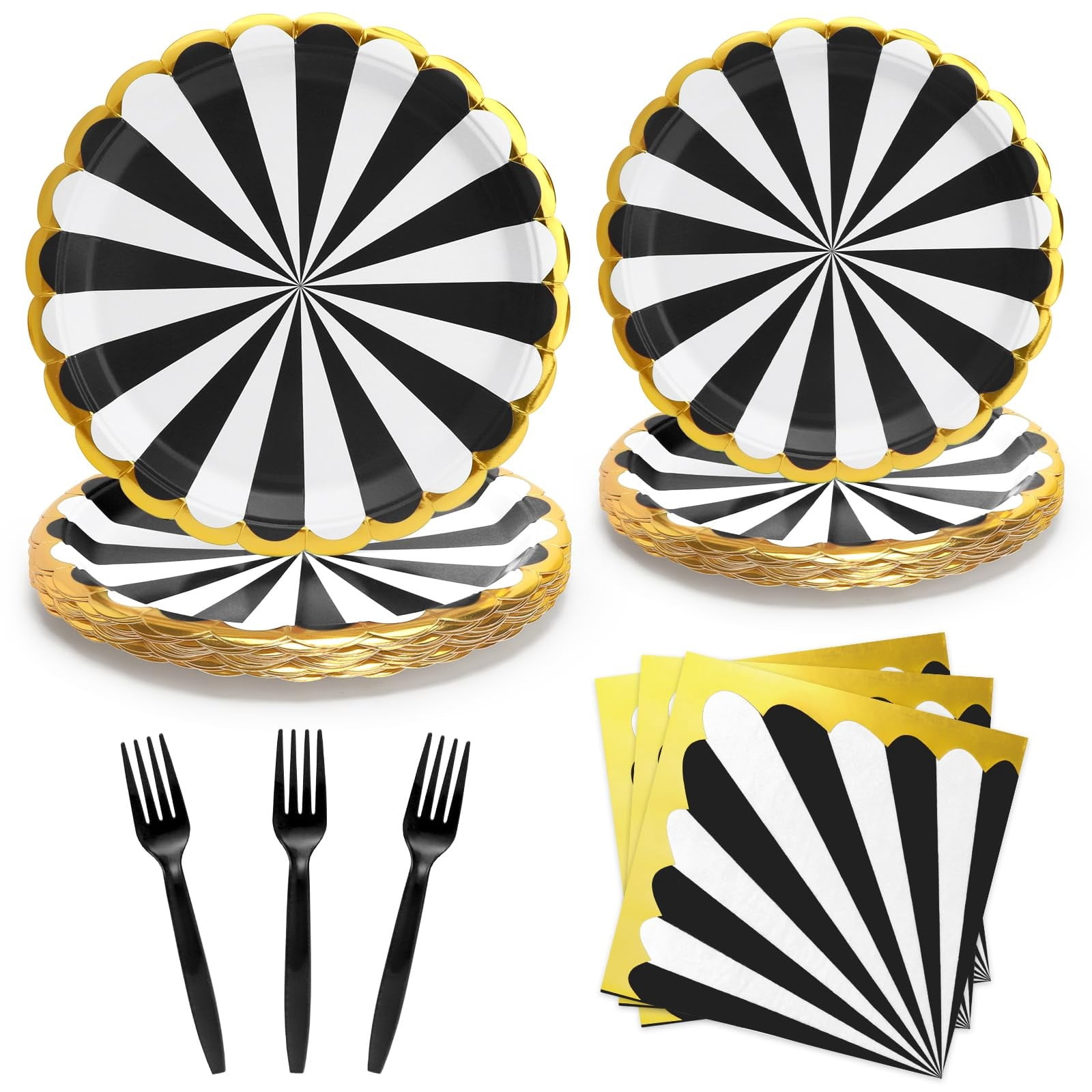 96 PCS Black Party Paper Plates Gold Scalloped Edge 9 Inch 7 Inch Serve ...