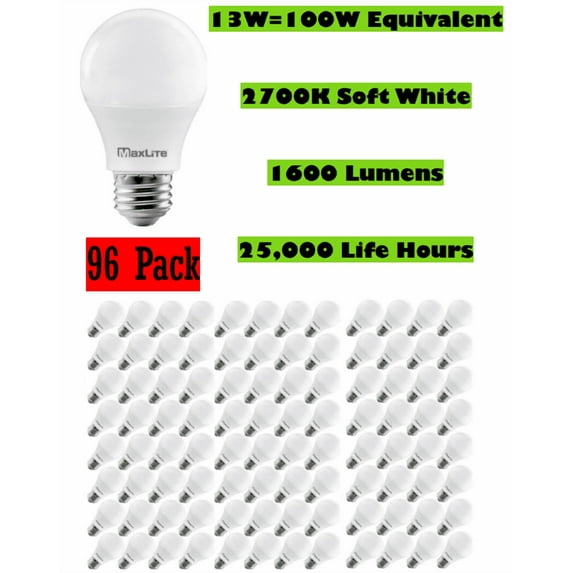 96 Pack Light Bulbs Maxlite 13 Watt = 100W LED Soft White 2700K A19 E26 ...