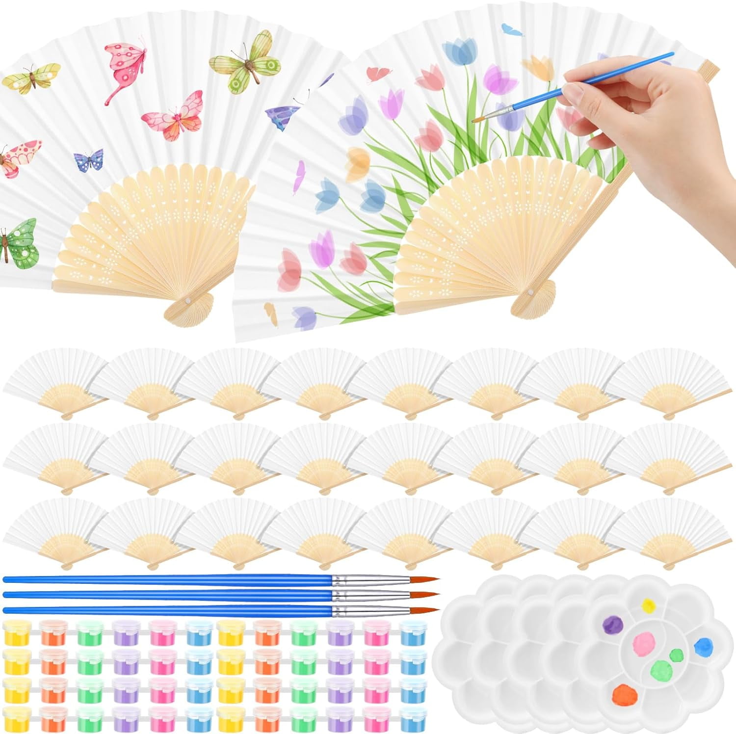 96 Pcs/24 Set Blanks Paper Fans with Acrylic Paint Set White Folding ...