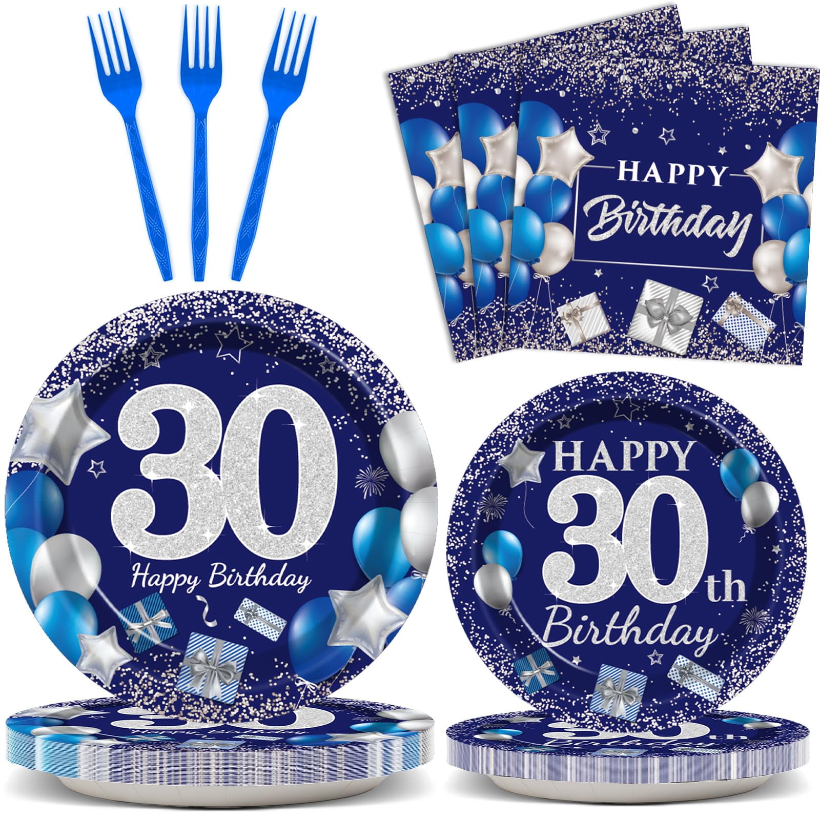96 Pcs 30th Birthday RRF12 Party Supplies Navy Blue and Silver 30th ...