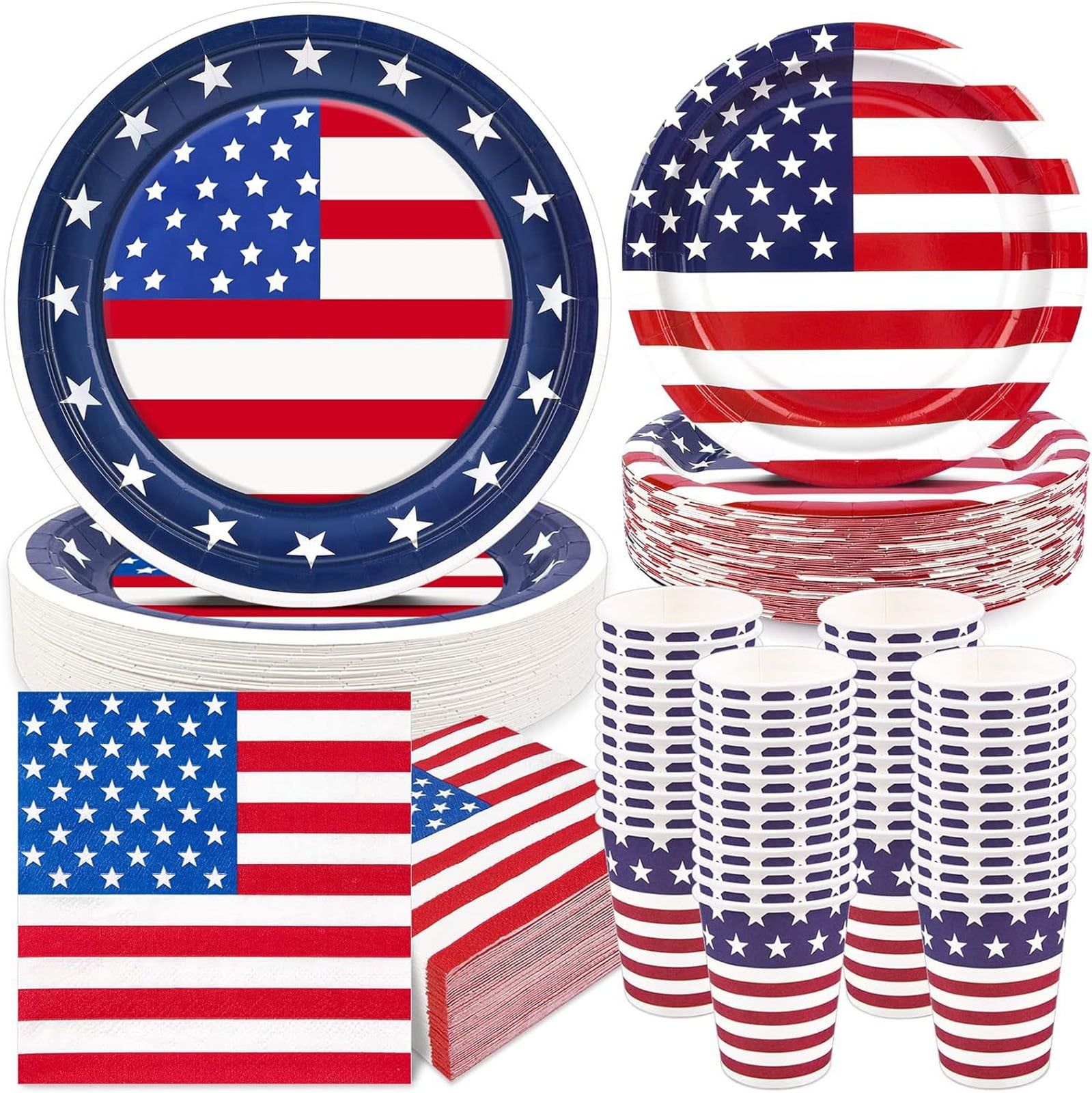 96 Pcs American Flag Patriotic Party Plates and Napkins Forks Supplies ...