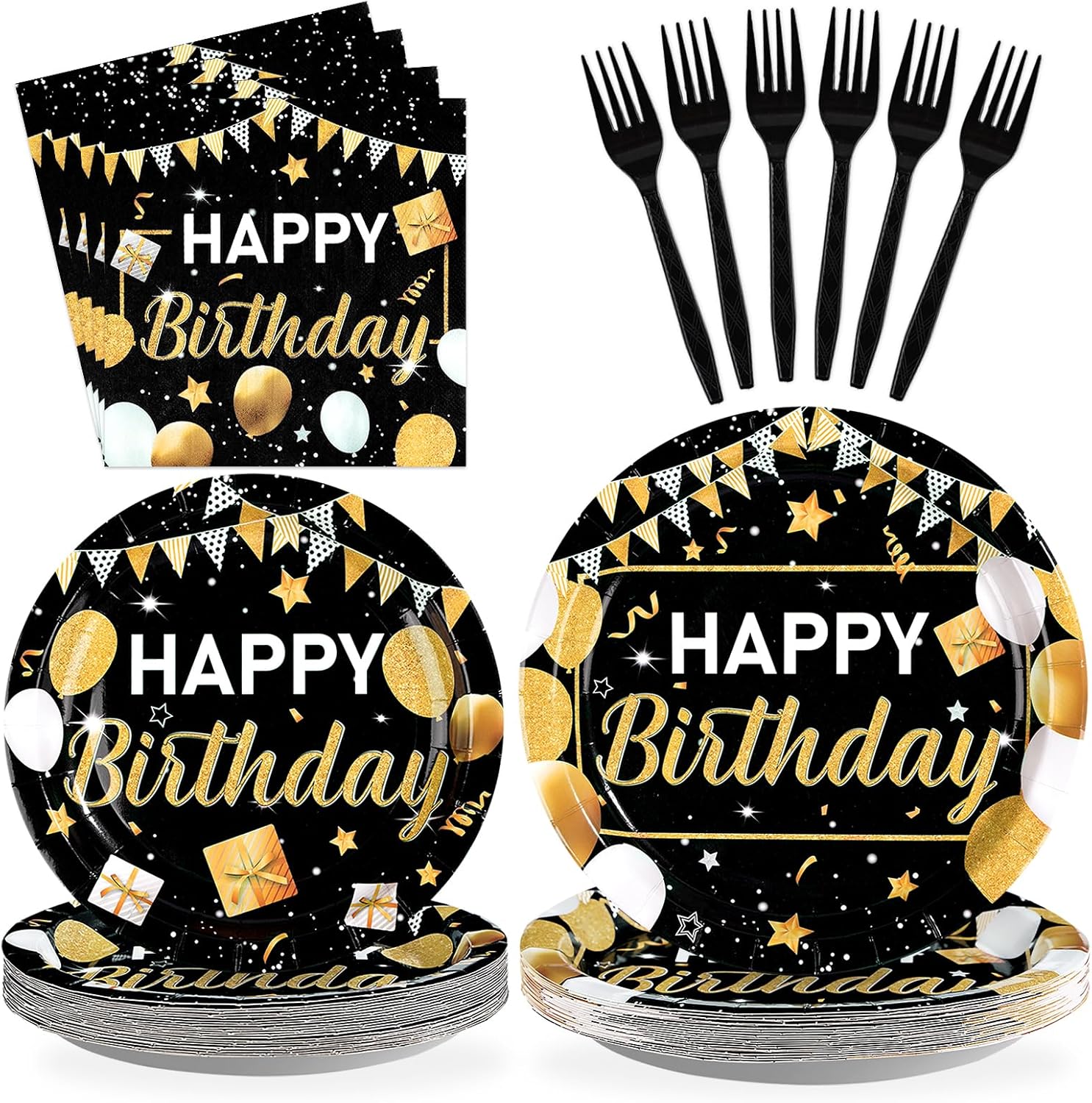 96 Pcs Black and Gold Happy Birthday Party Supplies Black Gold Birthday ...