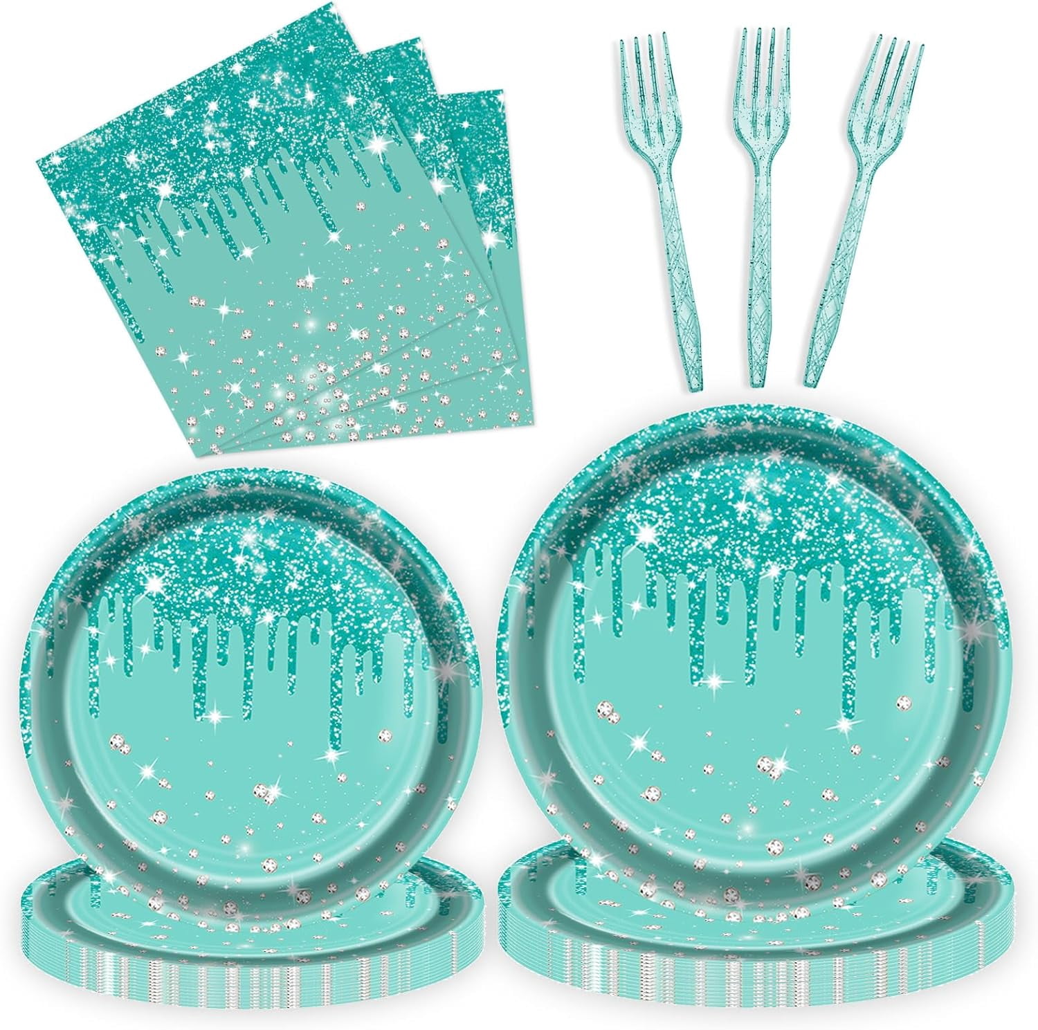 96 Pcs Blue Green Silver Birthday Party Plates Napkins Forks Supplies ...