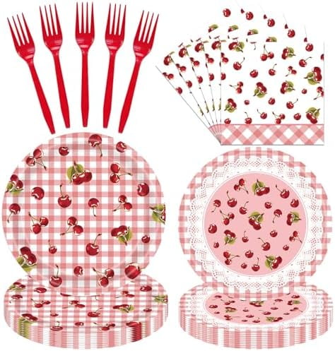 96 Pcs Cherry Party Decorations Tableware Set for Girls Kids Baby ...