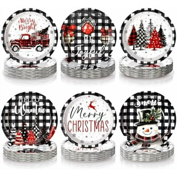 96 Pcs Christmas Black White Buffalo Plaid Paper Plates Disposable ...
