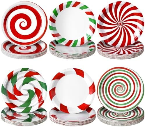 96 Pcs Christmas Candy Paper Plates 9 Inch Disposable Peppermint Dinner ...