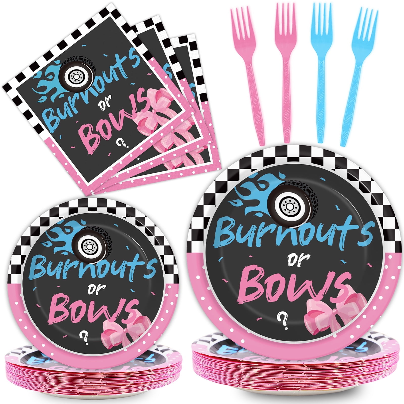 96 Pcs Gender Reveal Burnouts or Bows Party Plate Napkins Forks ...
