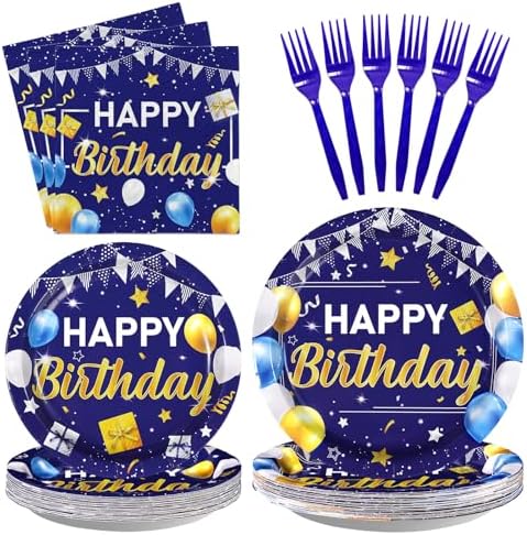 96 Pcs Navy Blue Happy Birthday Party Supplies Navy Blue and Gold ...