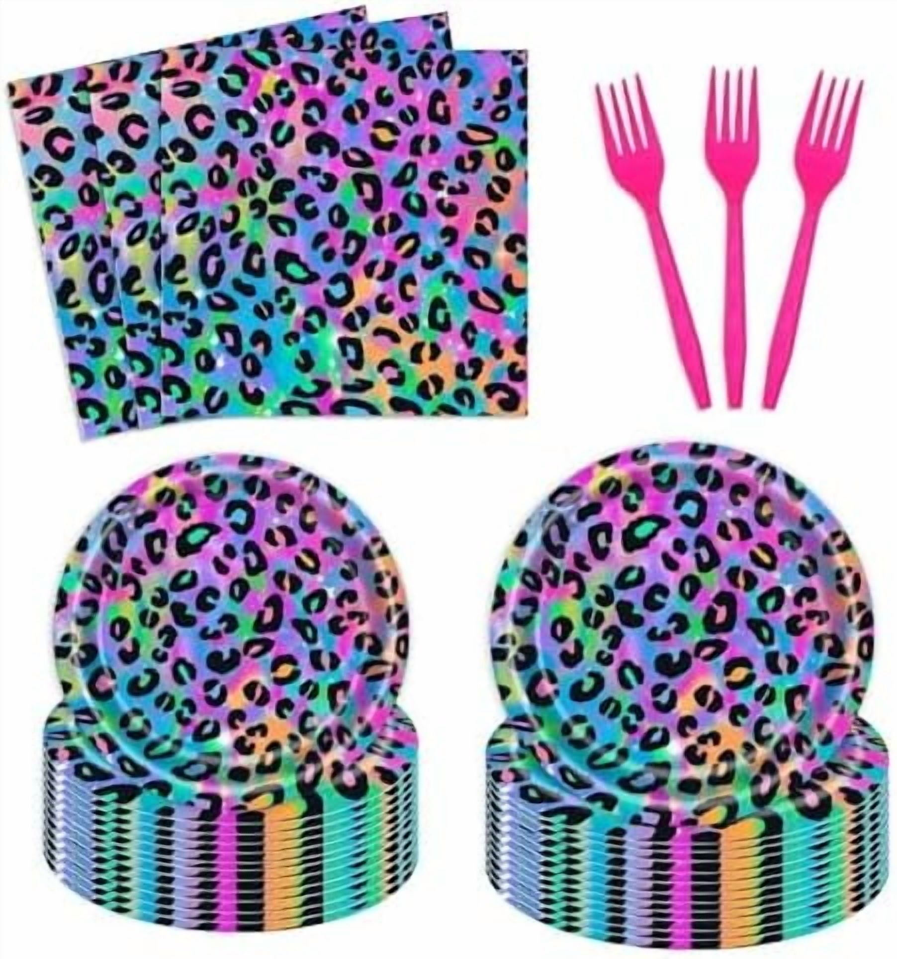 96 Pcs Neon Rainbow Leopard Birthday Tableware Set Girl's Sparkly Paint ...