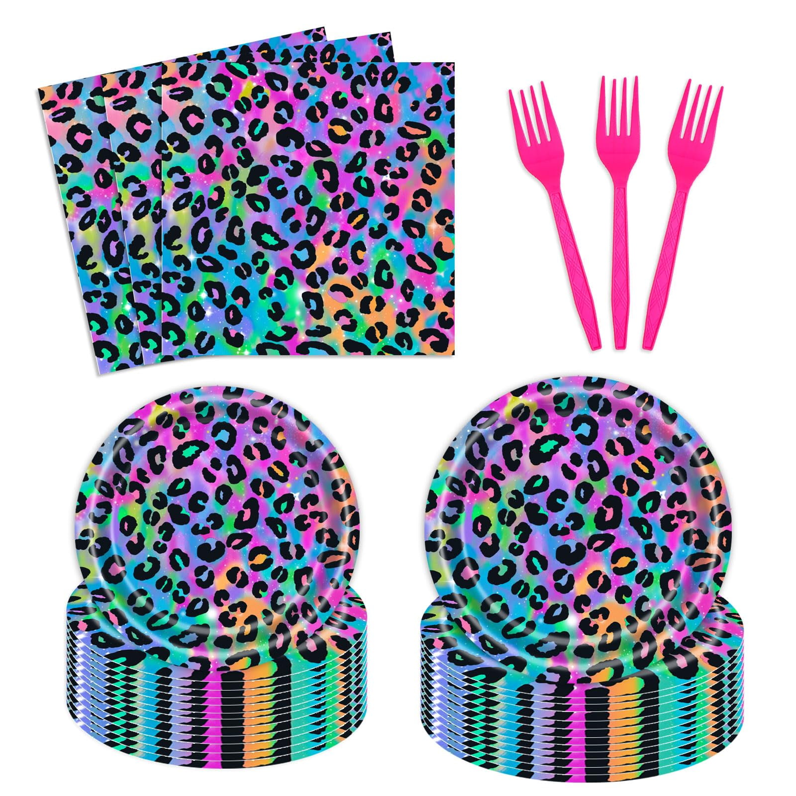 96 Pcs Neon Rainbow OIF8 Leopard Birthday Tableware Set Girl's Sparkly ...