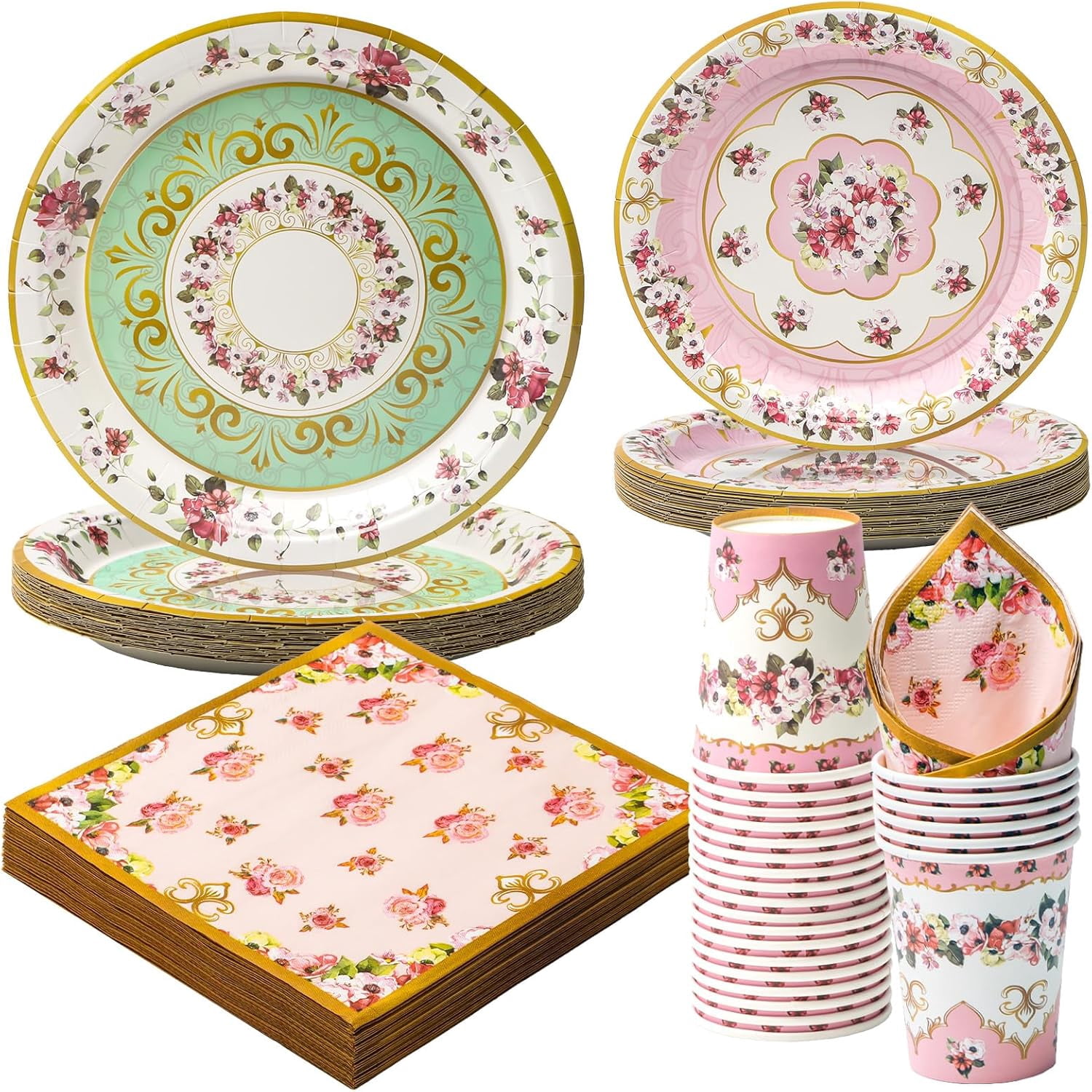 96 Pcs Party Plates, Floral Pink and Green Vintage Paper Plates and ...
