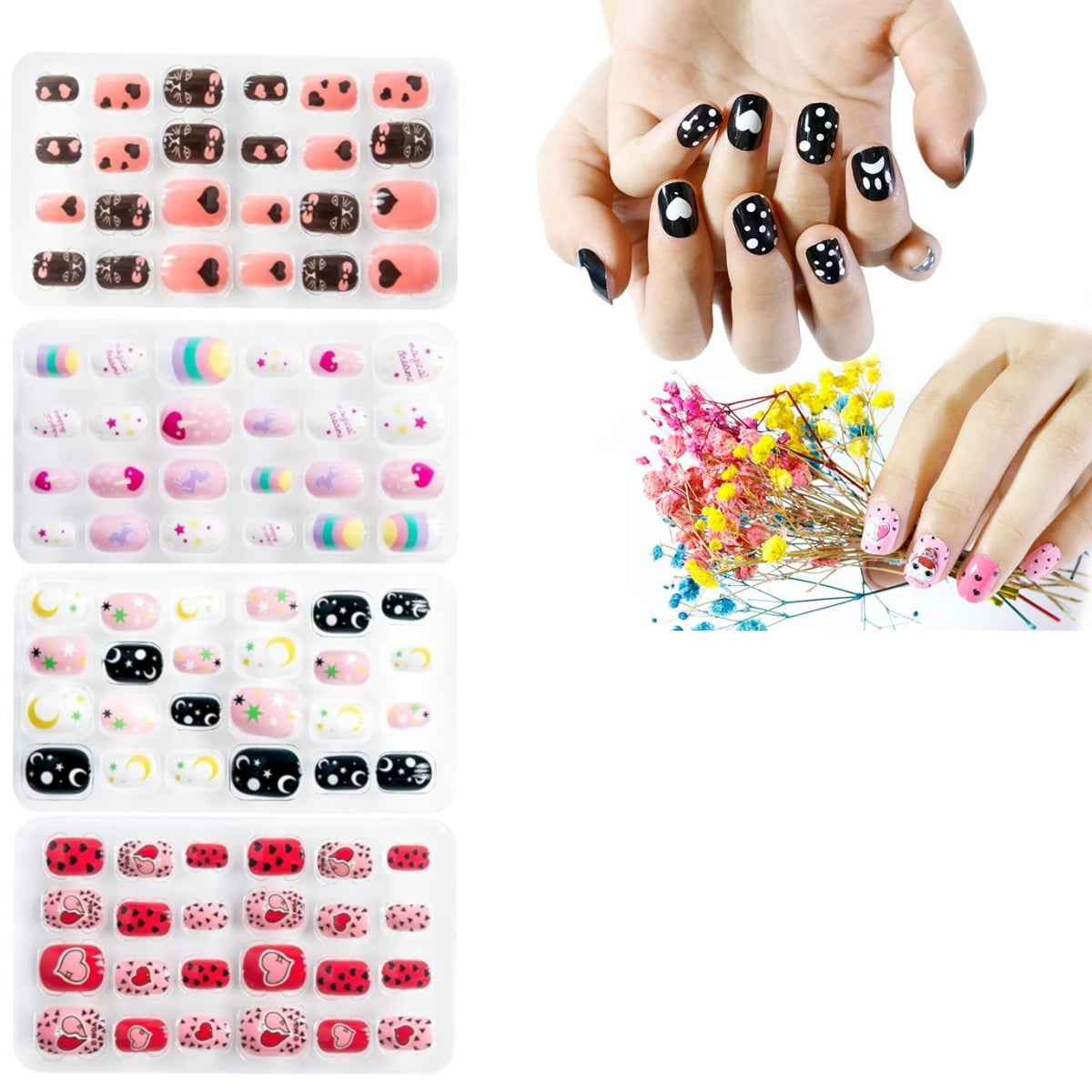 96 Pcs Press on Nails for Kids Children Fake Nails Kids Girls Stick on ...