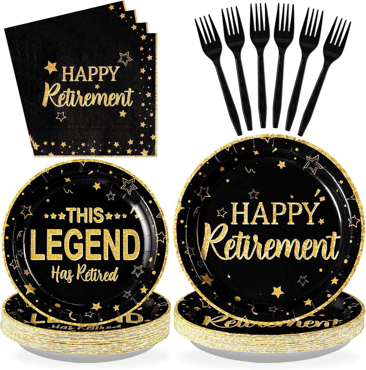 96 Pcs Retirement Party Supplies Plates Black and Gold Happy Retirement ...