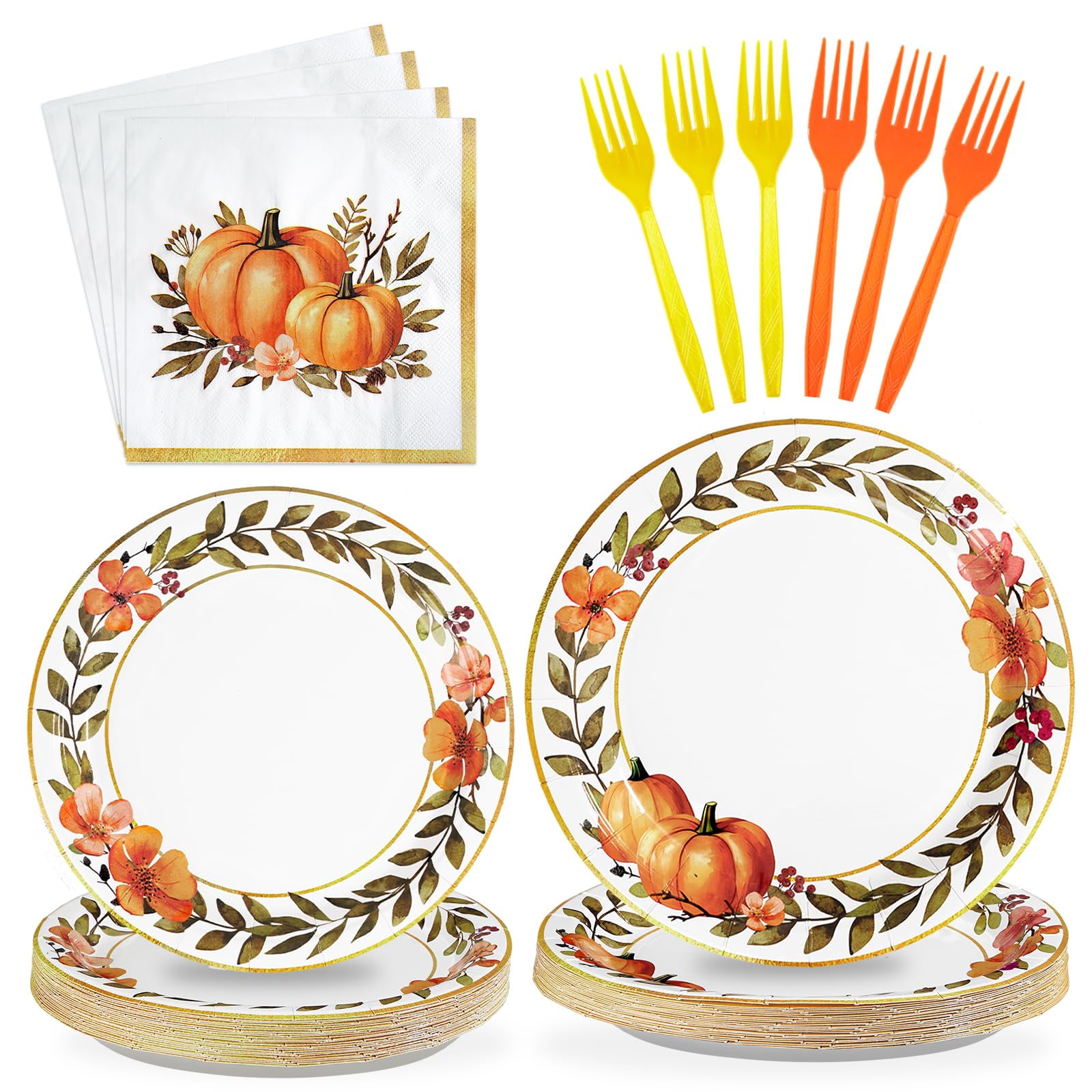 96 Pcs Thanksgiving Plates and Napkins 350 GSM Watercolor Pumpkin ...