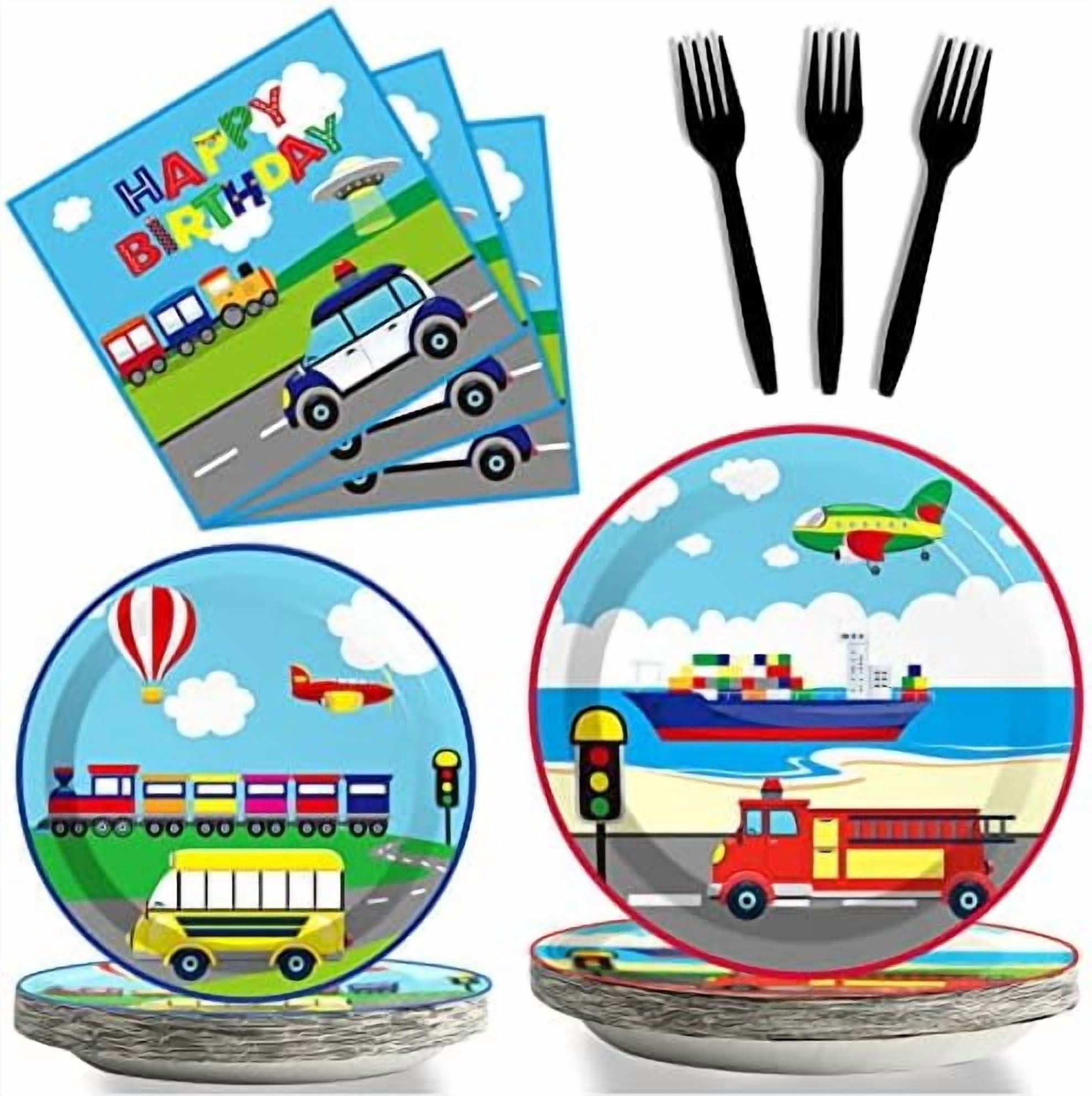 96 Pcs Transportation Plates and Napkins Party Supplies Car Tableware ...