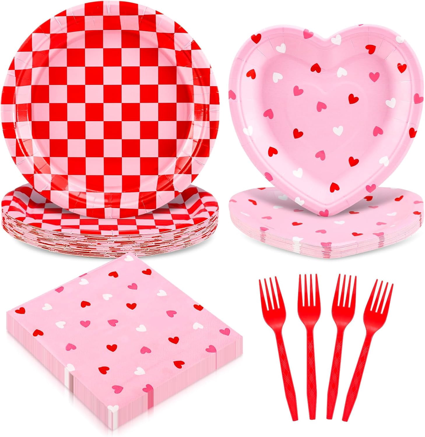96 Pcs Valentine's Day Tableware Sets Serves 24 Red Pink Heart Plaid ...
