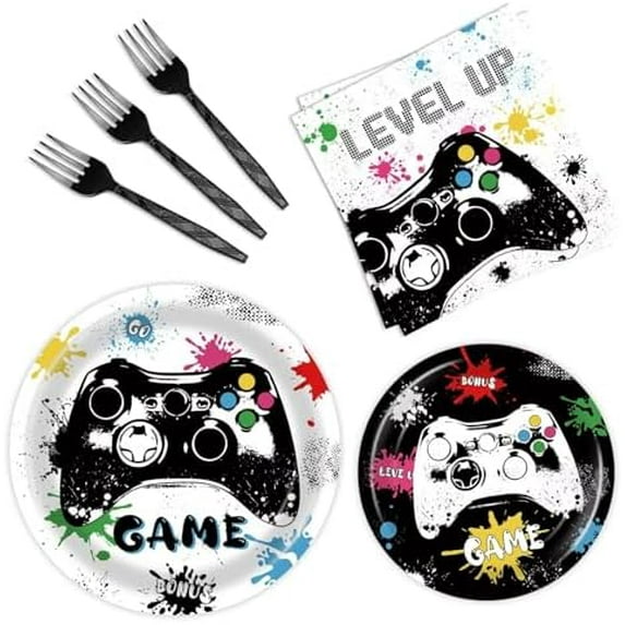96 Pcs Video Game Plates and Napkins - Gamer Party Supplies - Level Up ...