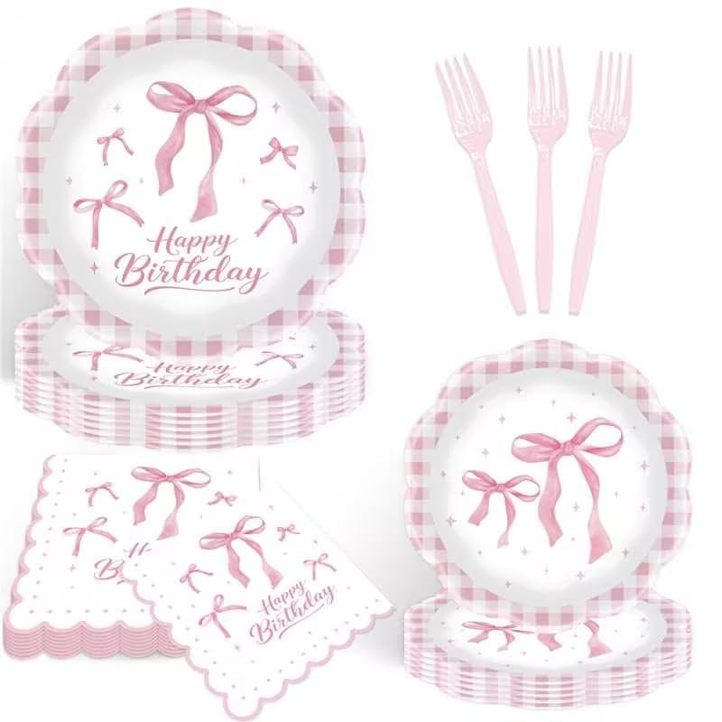 96 Pieces Pink Happy RRF12 Birthday Tableware Set Scalloped Bow and ...