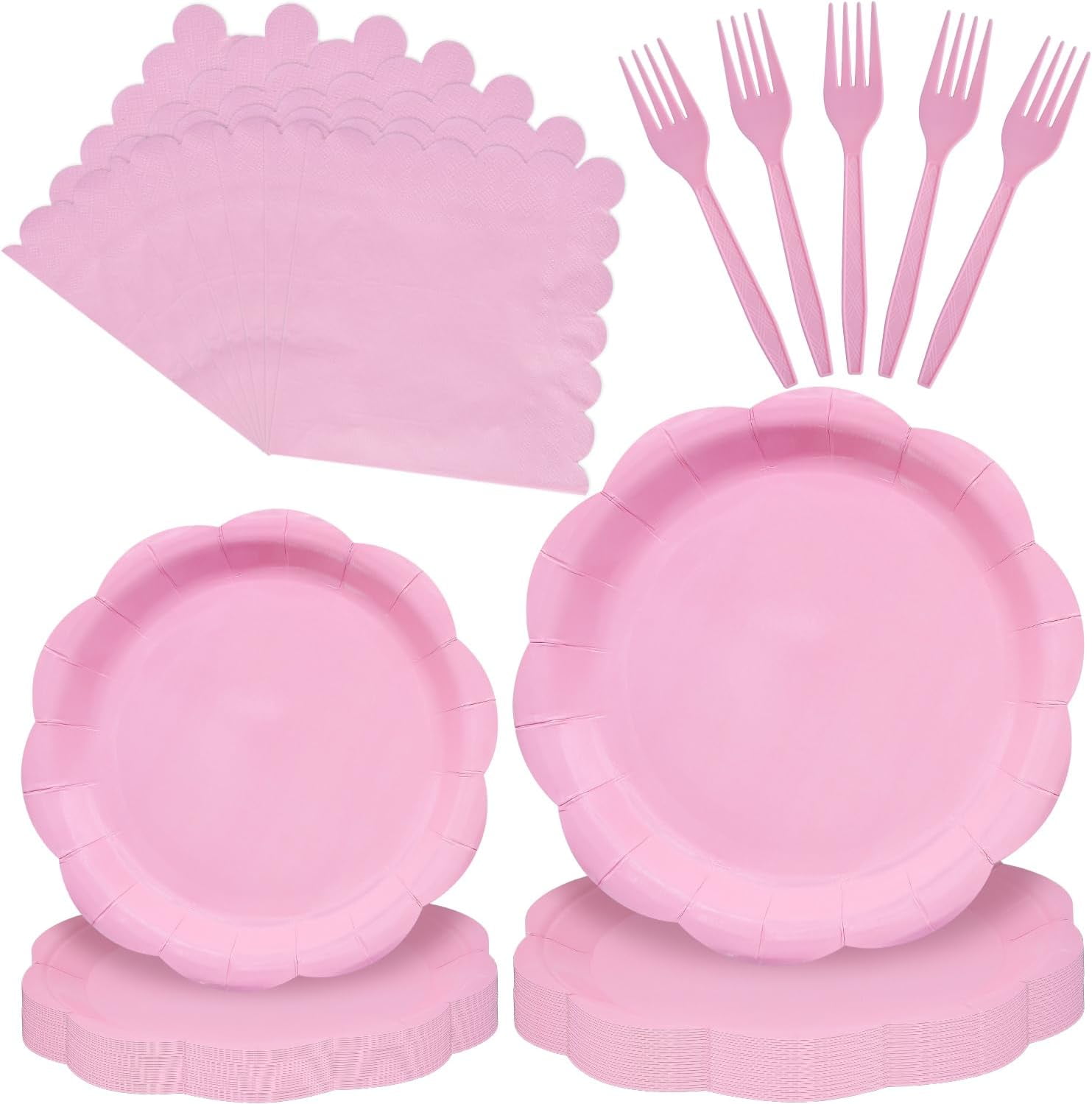 96 Pieces Pink Scalloped Tableware Set Party Supplies – Solid Color ...