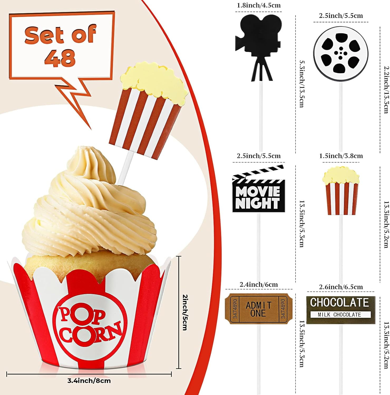 96 Pieces Popcorn Cupcake Wrappers and Movie Cupcake Toppers Set, Red ...