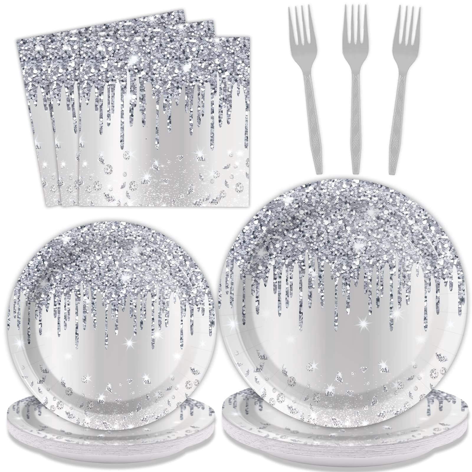96 Pieces Prom Silver SSF20 Glitter Party Tableware for Happy Birthday ...