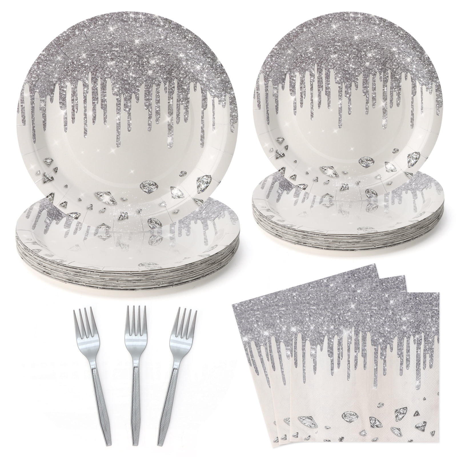 96 Pieces Silver Glitter Party Tableware Set for Diamonds Party ...