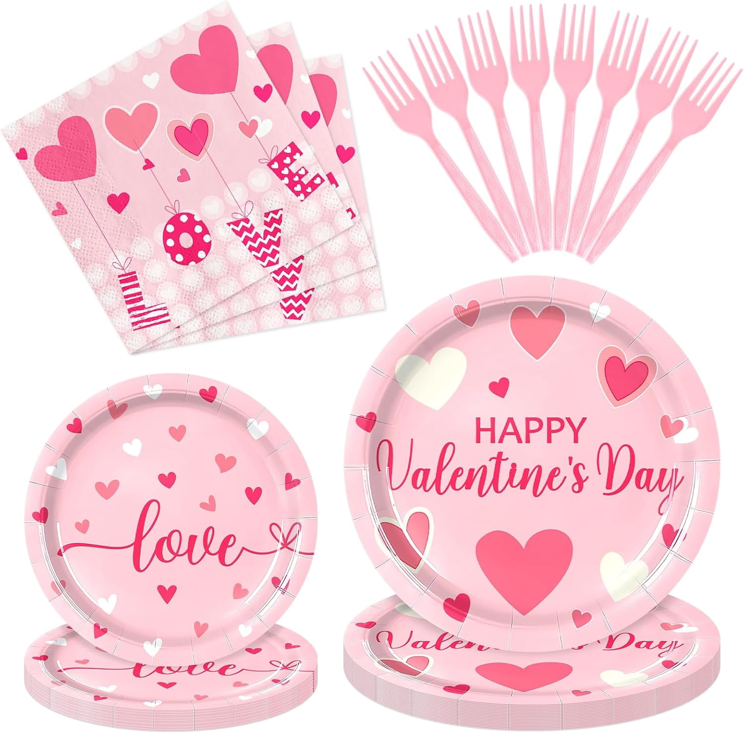 96 Pieces Valentine’s Day Tableware Set – Pink Heart Disposable Plates ...