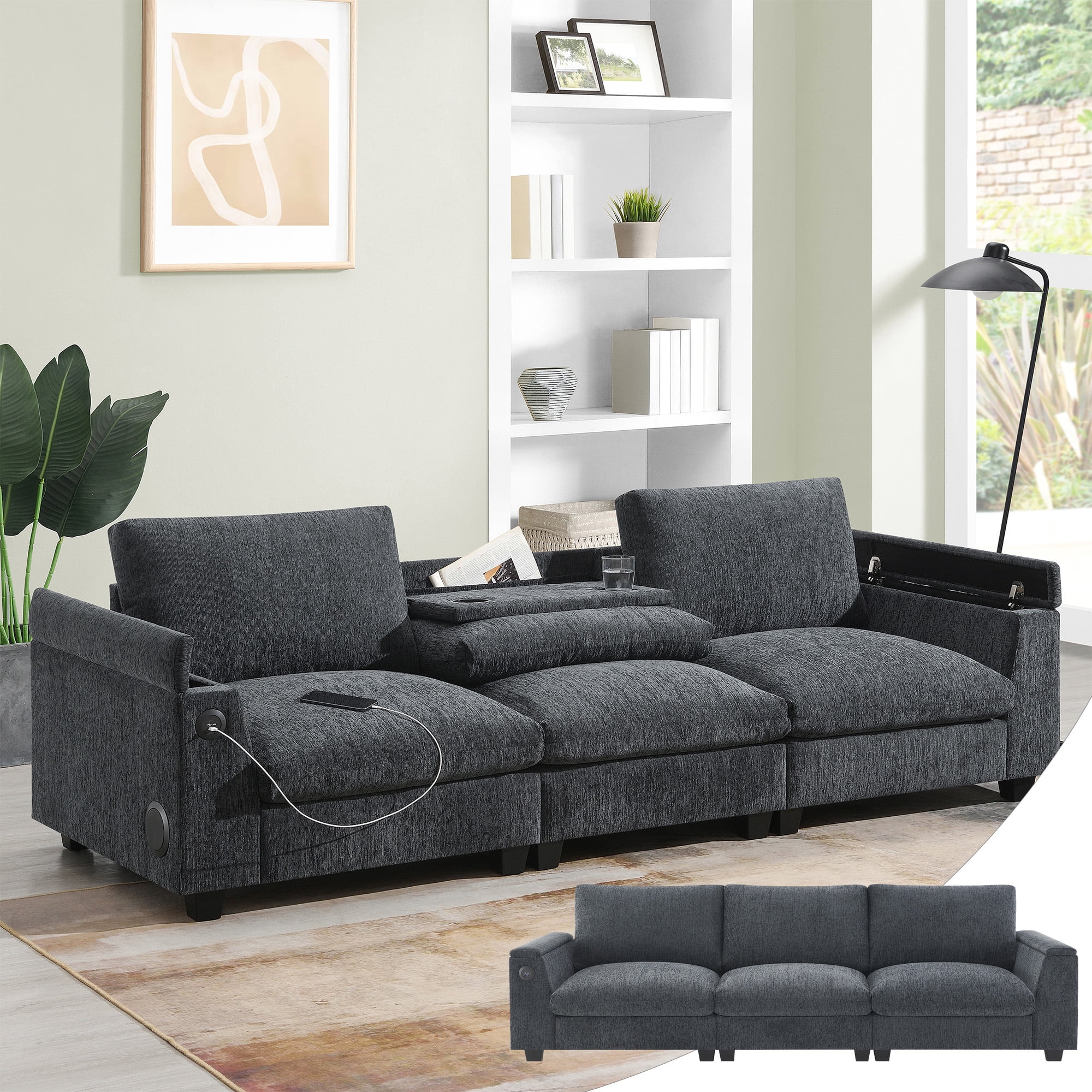 96"Sectional Cloud Sofa With Two Storage Armrest,Two Drop Down Table ...