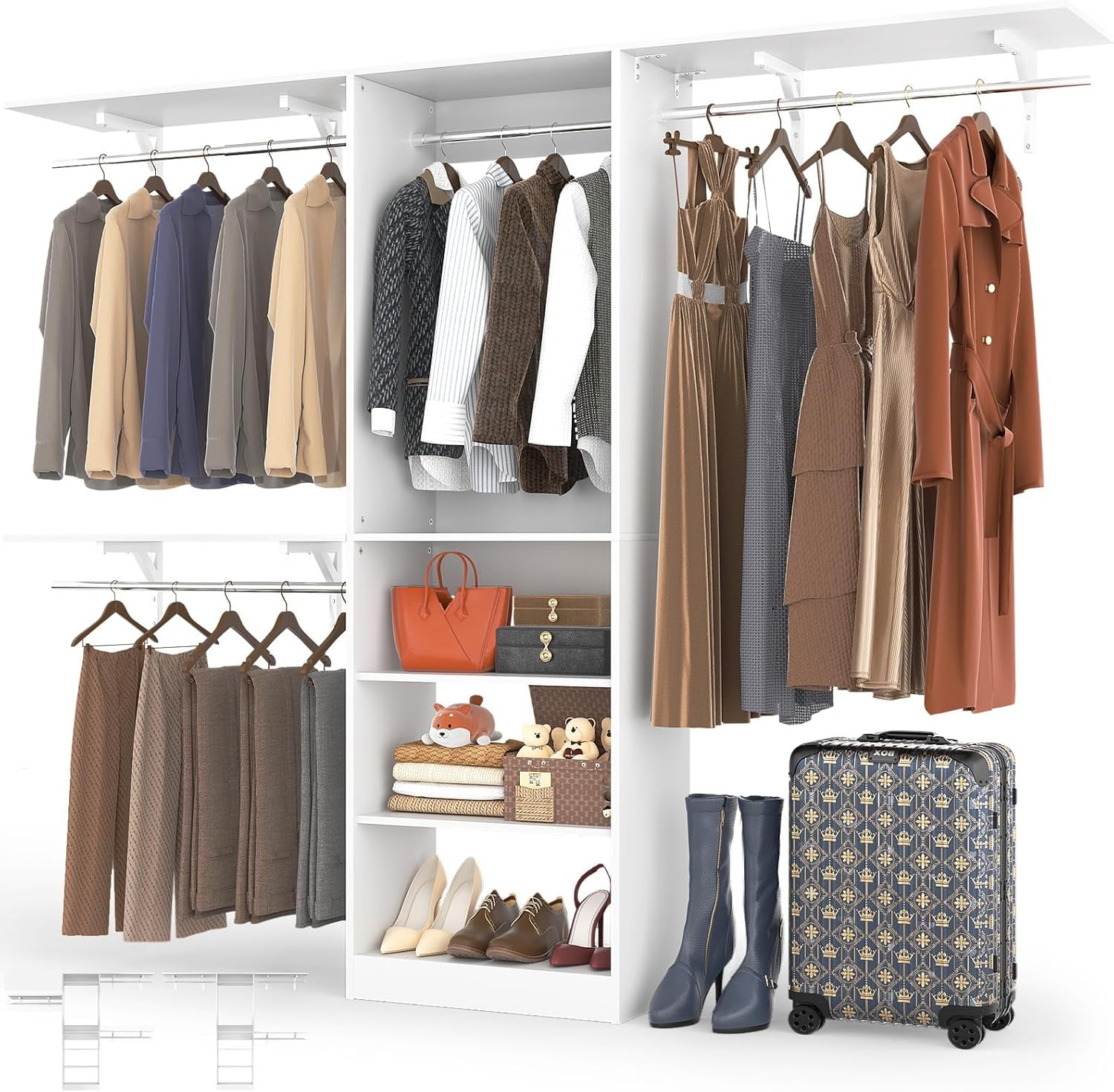 96 inch Closet Organizer with Shelves & 3 Hanging Rods, Wall-mounted ...