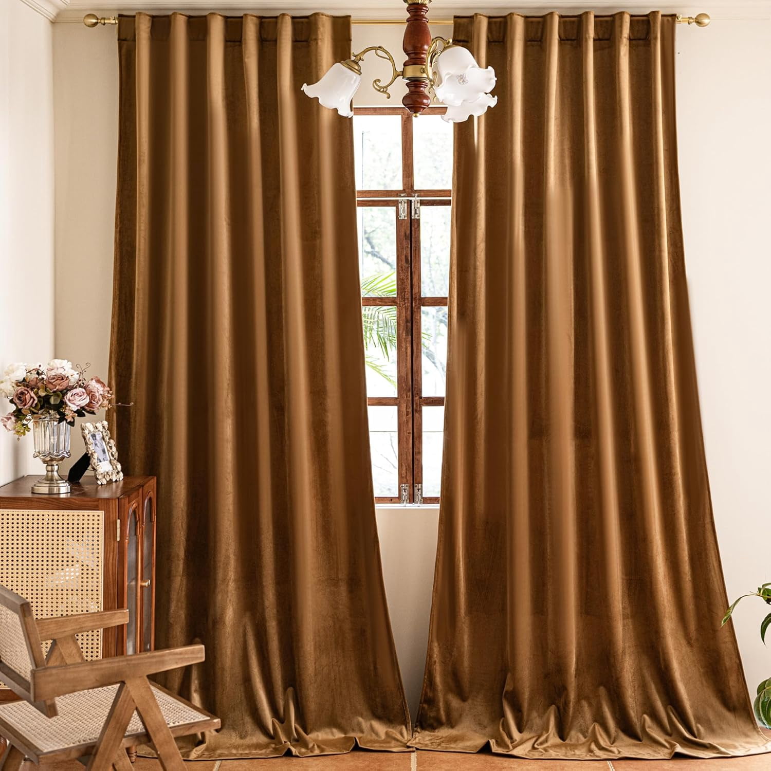 96 inches 2 Panels, Gold Brown Blackout Luxury Velvet Curtains Thermal ...