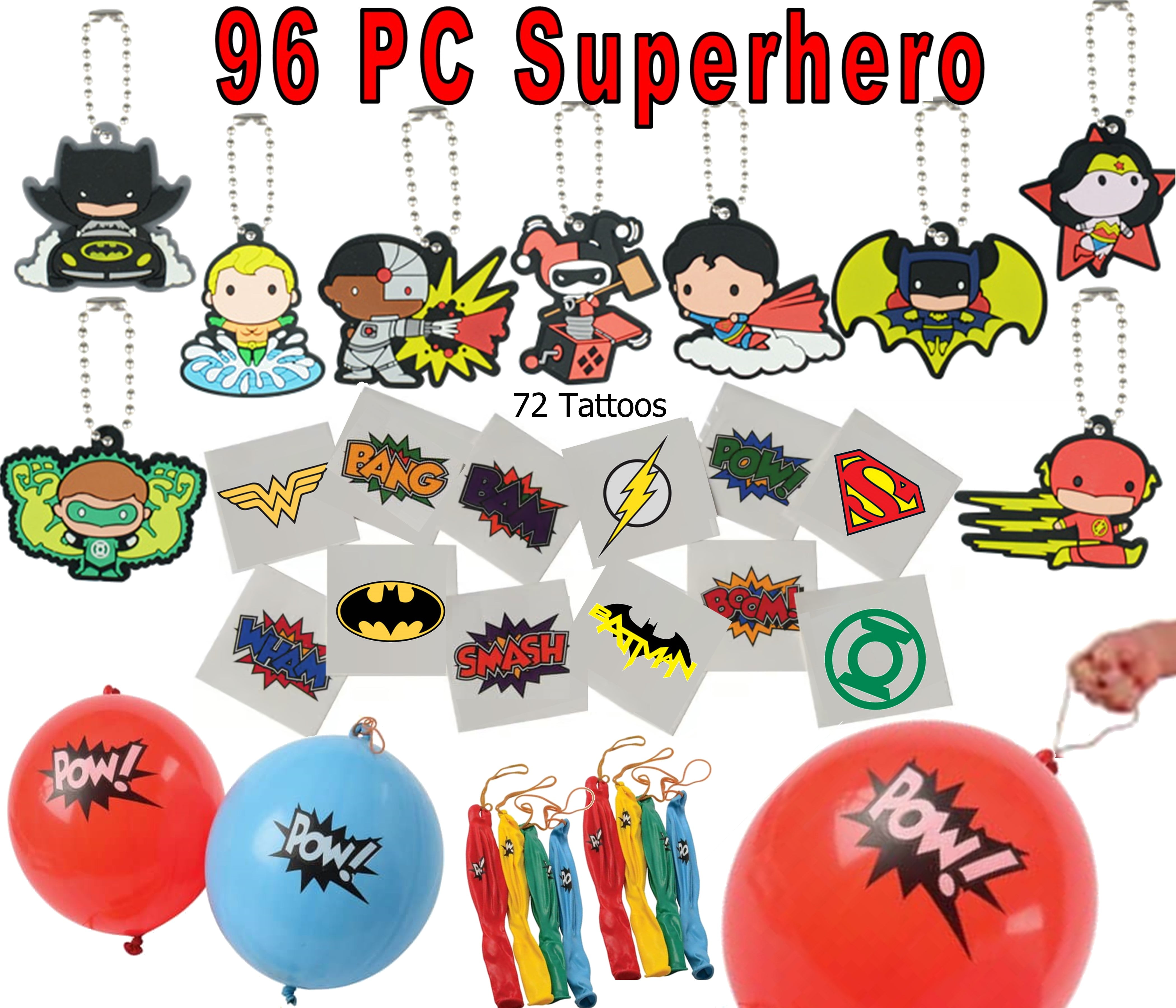 Superhero Party Favor Pack - 96 pc (12 Balloons, 12 Keychains, 72 ...
