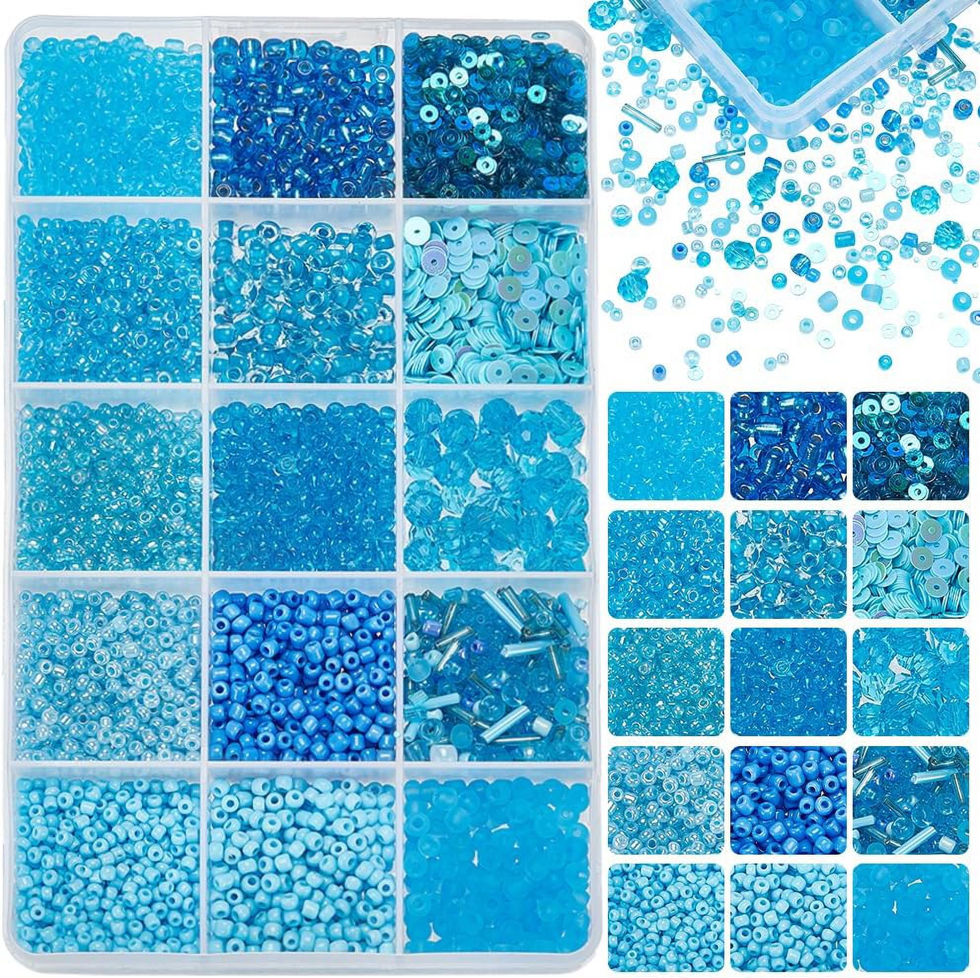 9600pcs Blue Craft Beads - 12 Styles 2-6mm Glass Seed Pony Beads Bugle ...