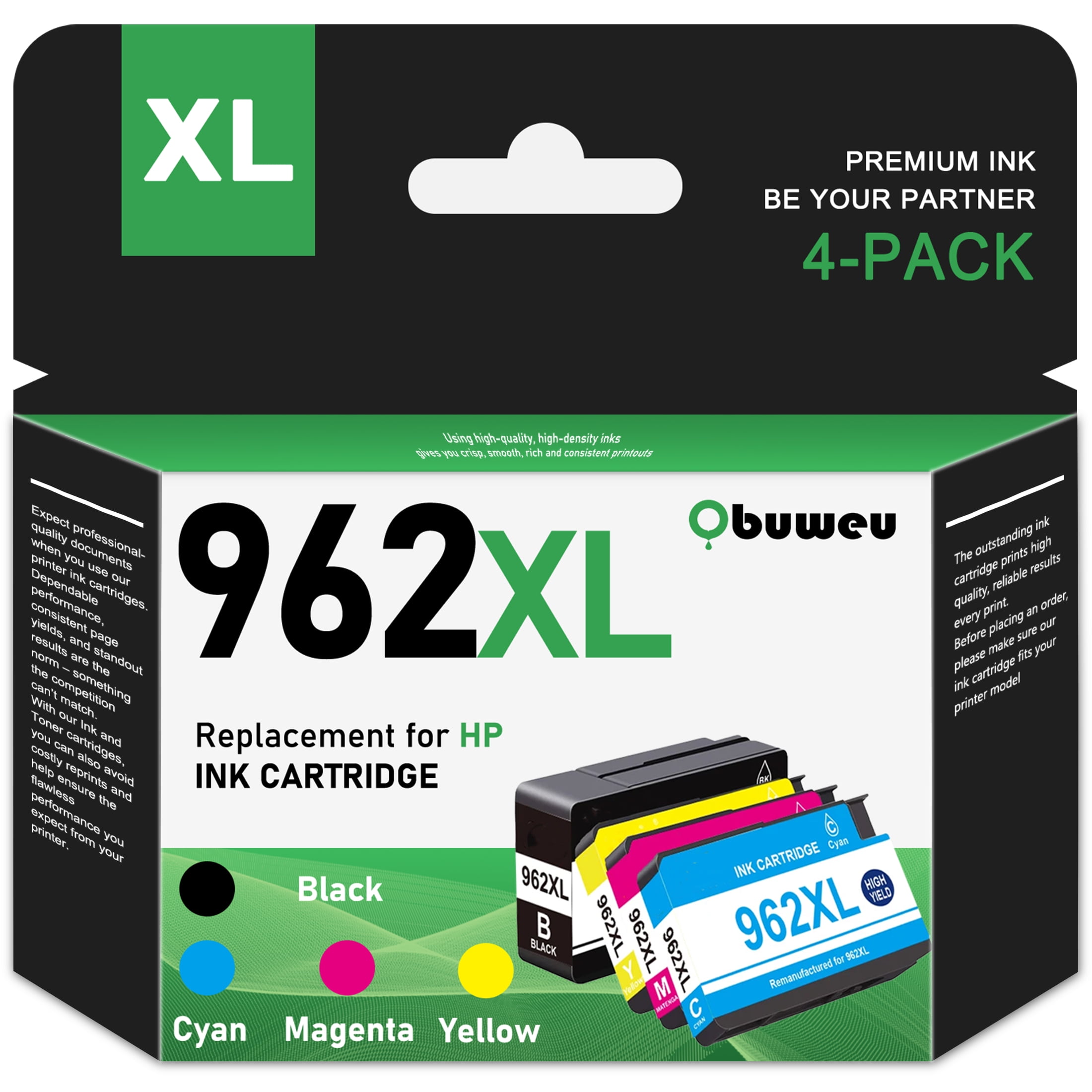 962XL Ink Cartridges Combo Pack (4-Pack, Black/Cyan/Magenta/Yellow) - Obuweu Compatible for HP ...