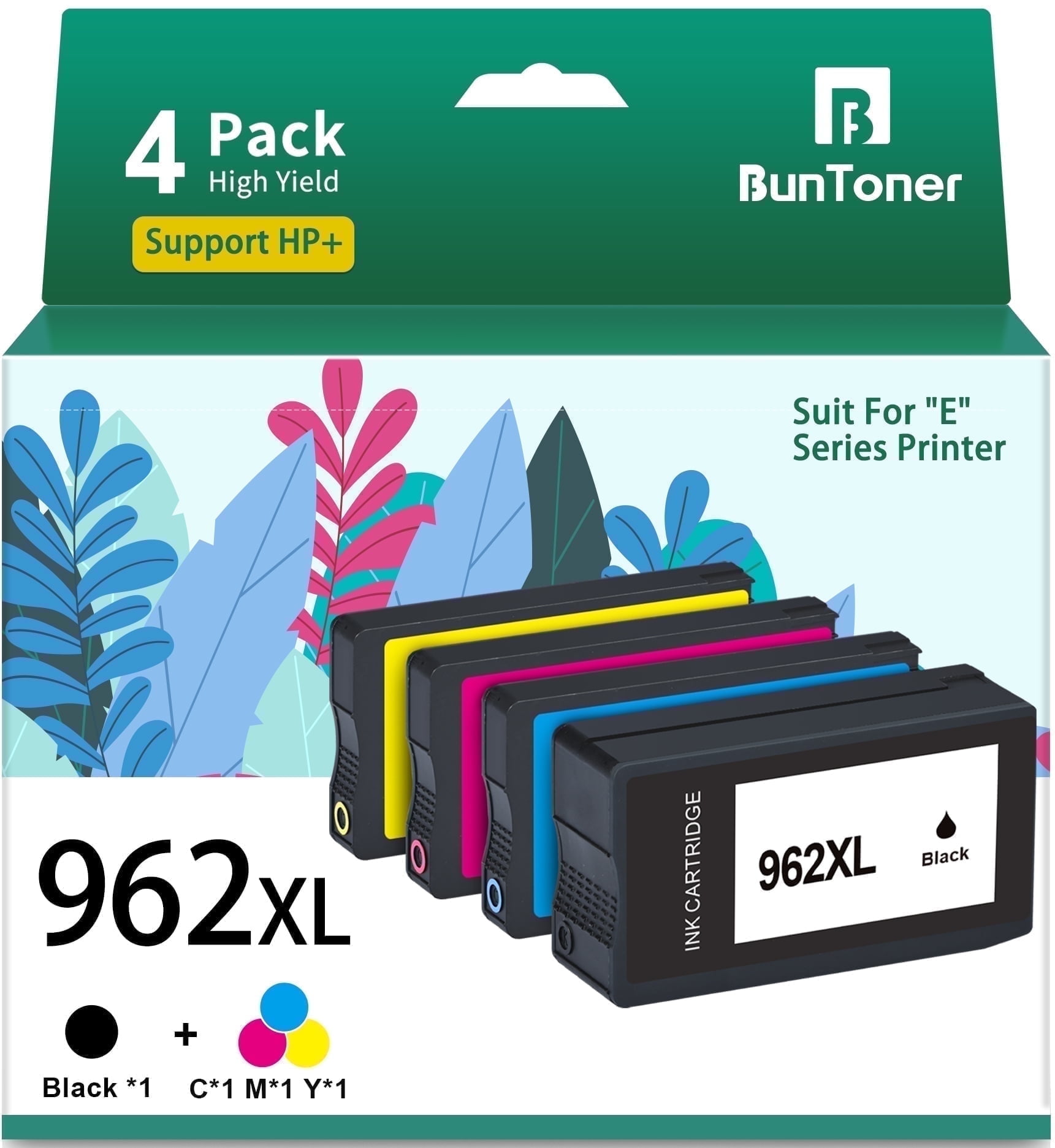 BunToner 962XL Ink Cartridges 4 Pack for HP 9015 9025 9020 9015e 9025e 9022e Printers - Black ...