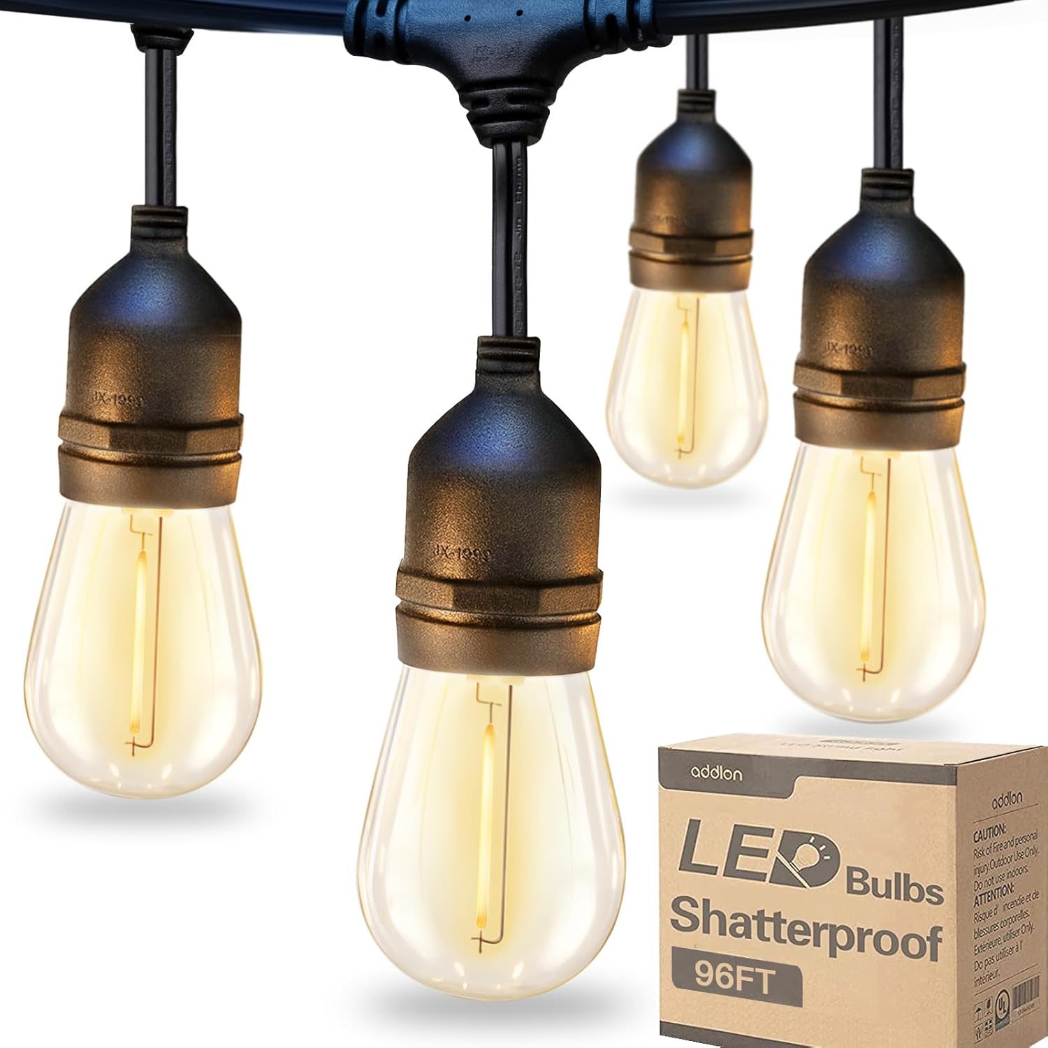 96FT(48FT*2) LED Outdoor String Lights with Edison Shatterproof Bulbs ...