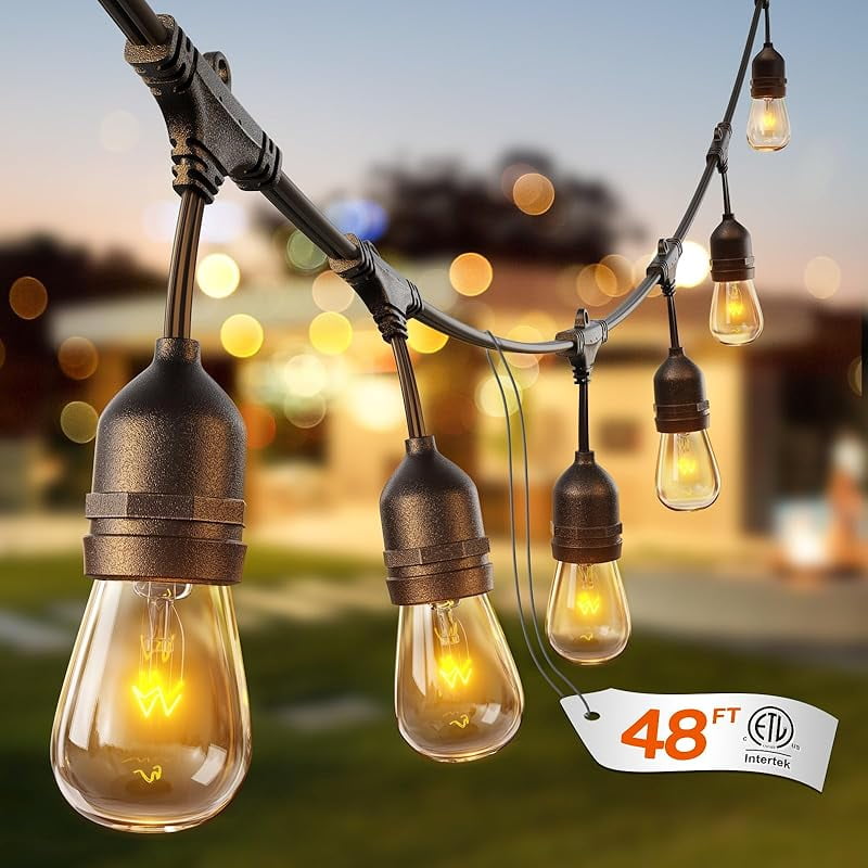 96FT(48FT*2) Outdoor String Lights White Commercial Grade Weatherproof ...