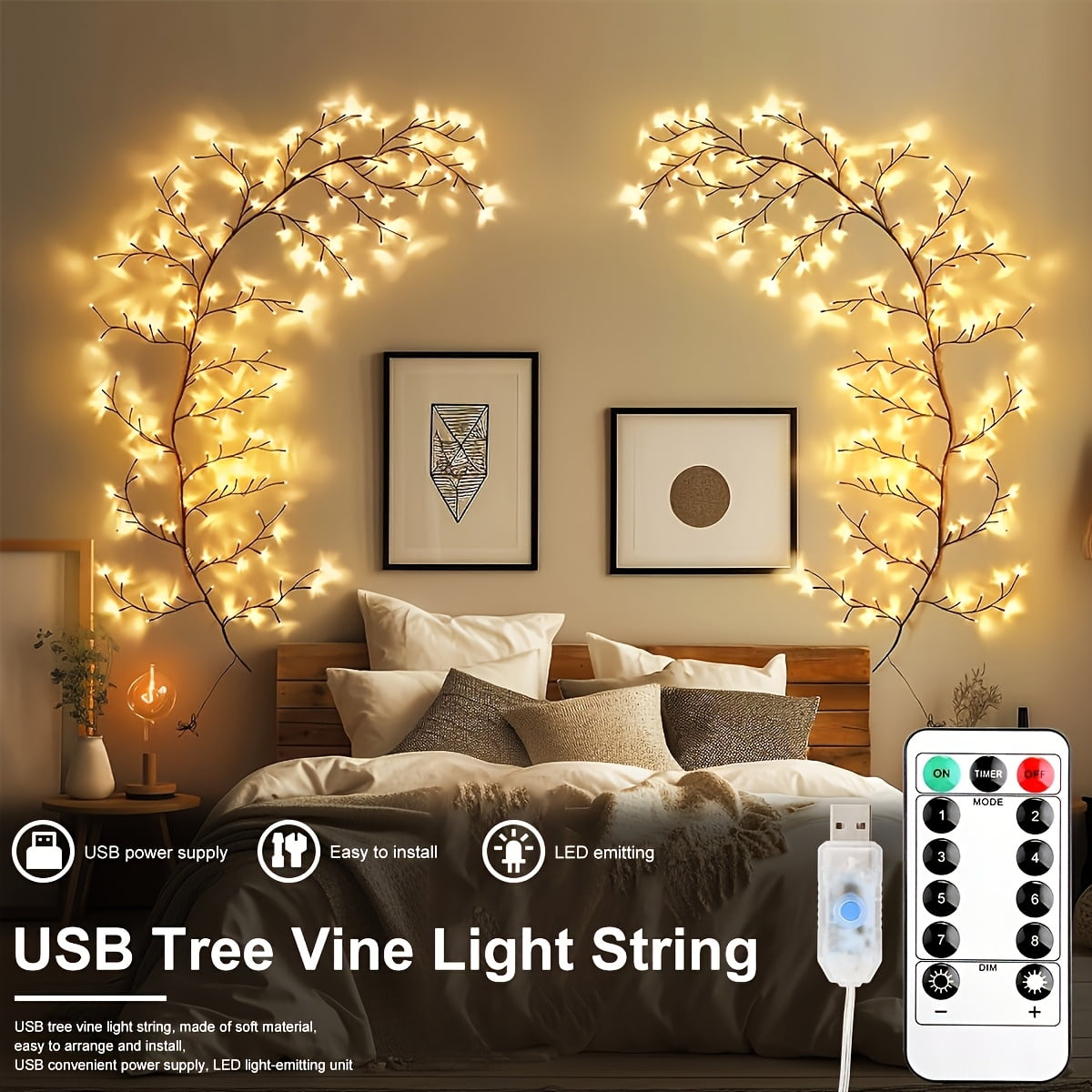 96LED 6ft Brown Vine Fairy Lights, 96LED Willow String Lights - USB Powered 8 Modes, for Wall ...