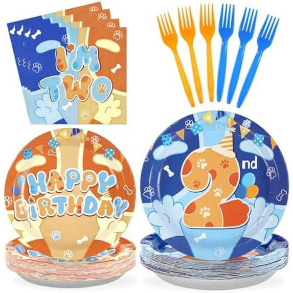 96PCS Blue Cartoon Dog 2nd Birthday Decorations I'm Two Blue Cute Dog ...