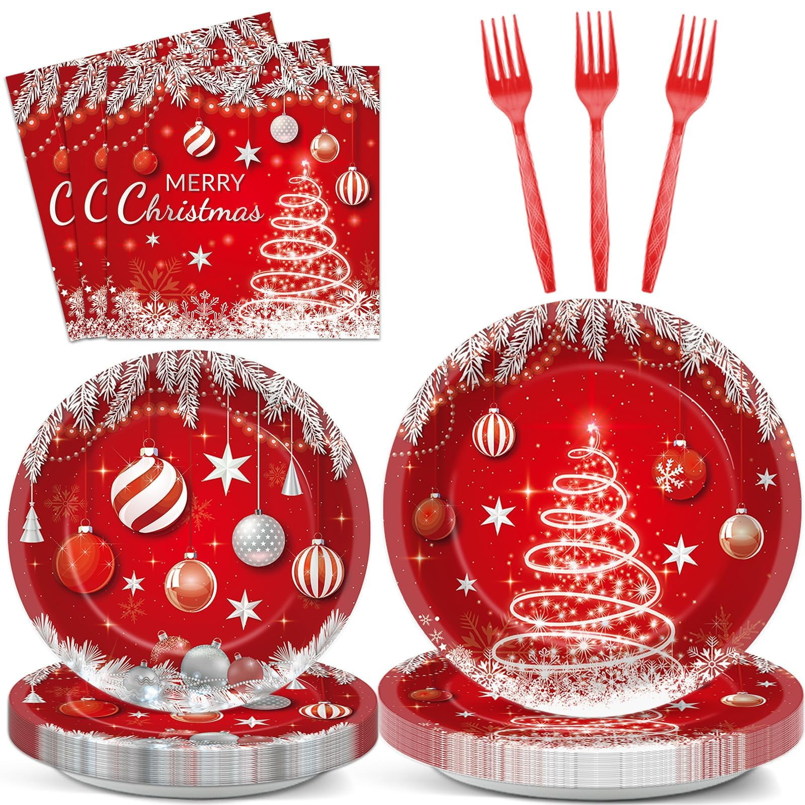 96PCS Christmas Plates and STF9 Napkins Christmas Tree Tableware Set ...