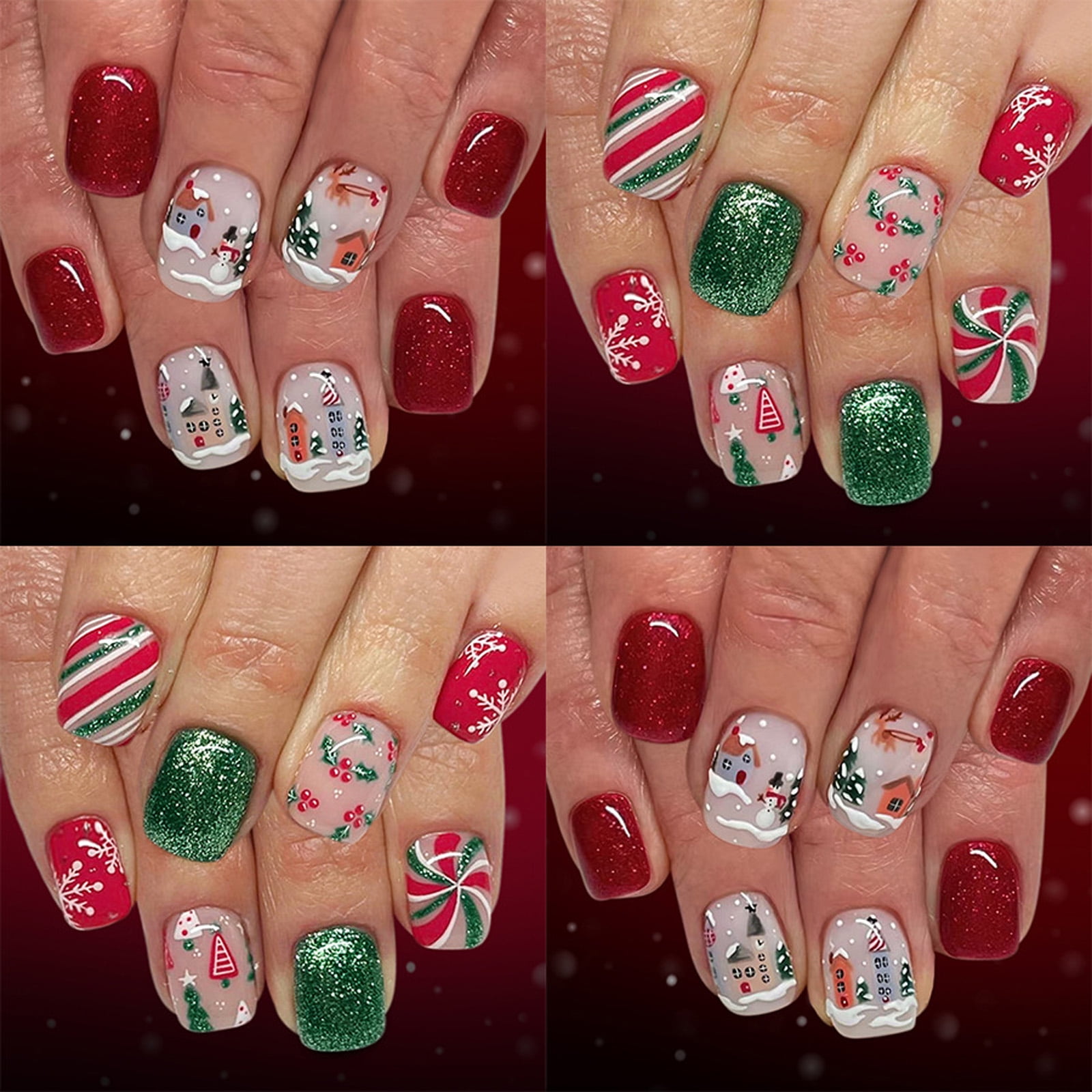 96PCS Holiday Fake Nails Glossy Tips Winter Snowflake Reindeer Patterns ...