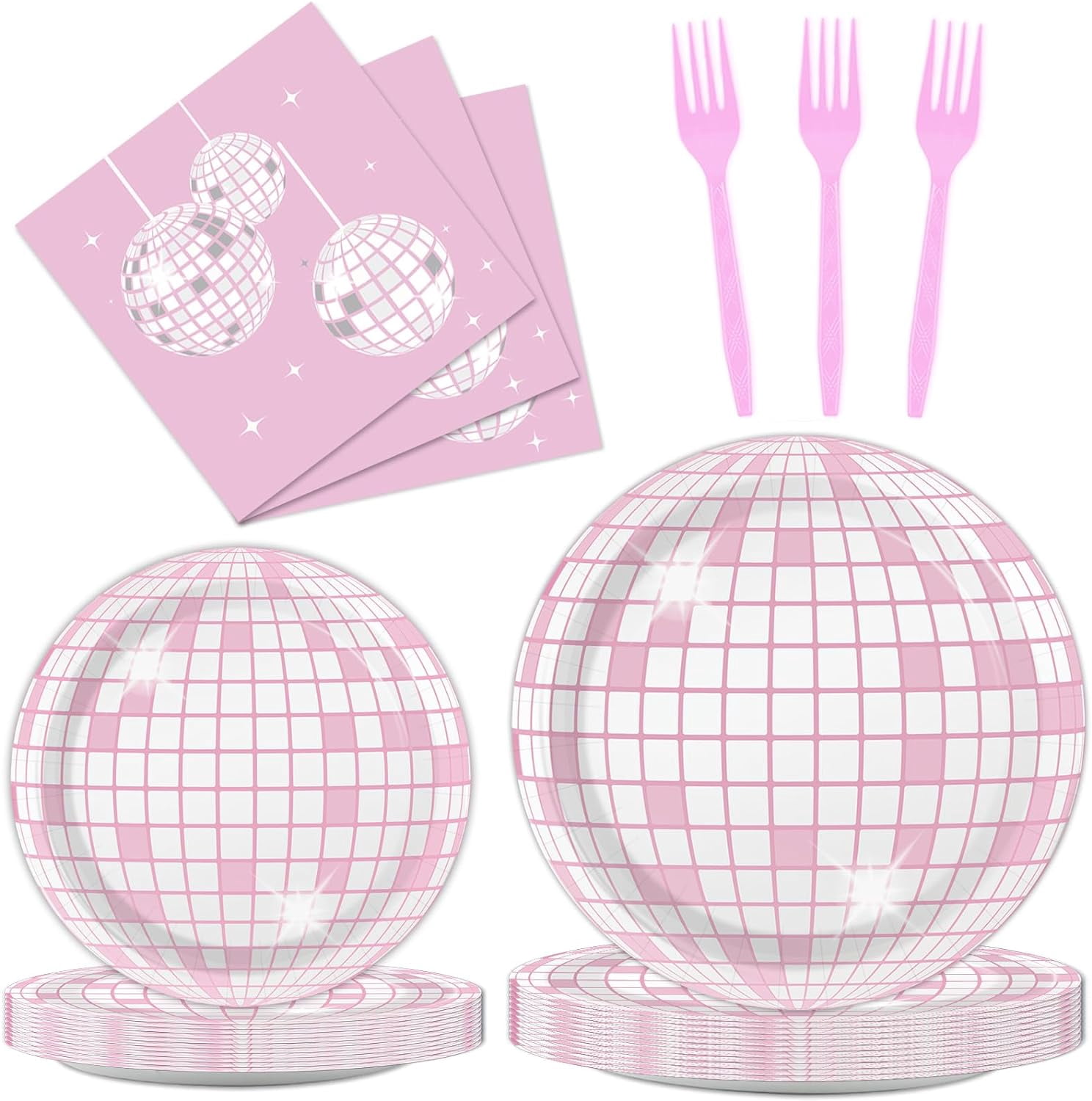 96PCS Pink Silver Disco Party Plates Napkins Disco Birthday Decoration ...