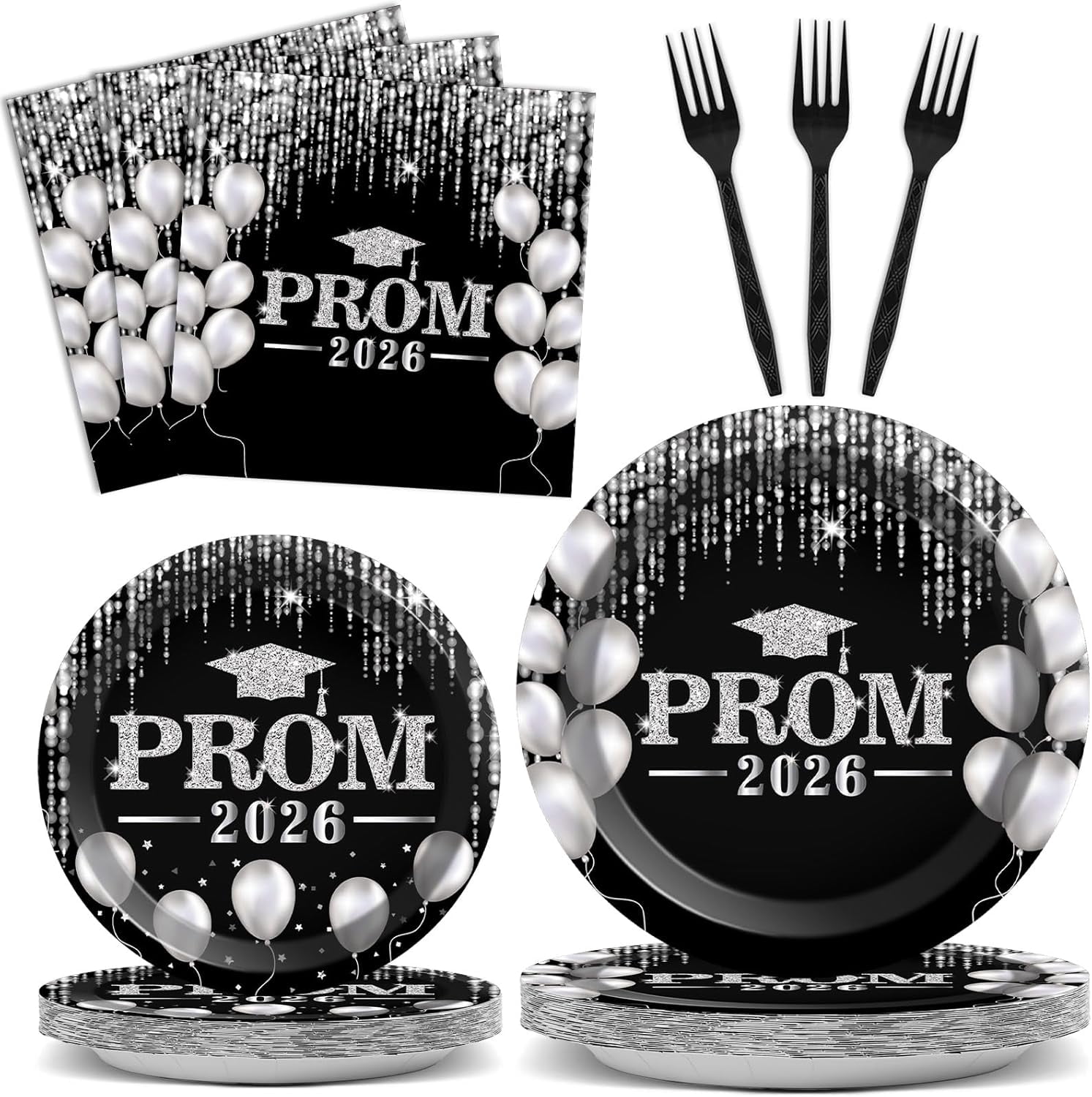 96PCS Prom Night 2026 Party Tableware Set Black Silver Graduation Party ...