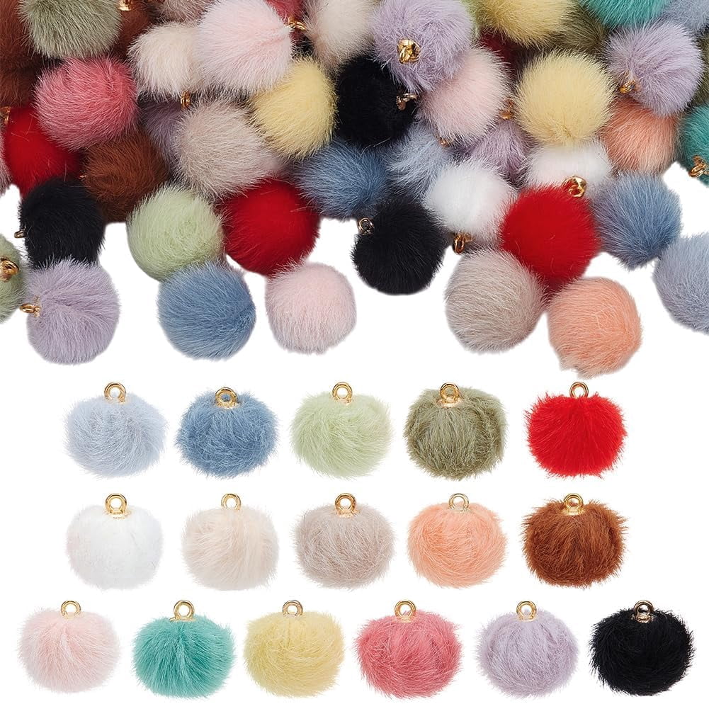 96Pcs 16 Colors Plush Pompom Pendants with Iron Loops Round Charm Mixed ...