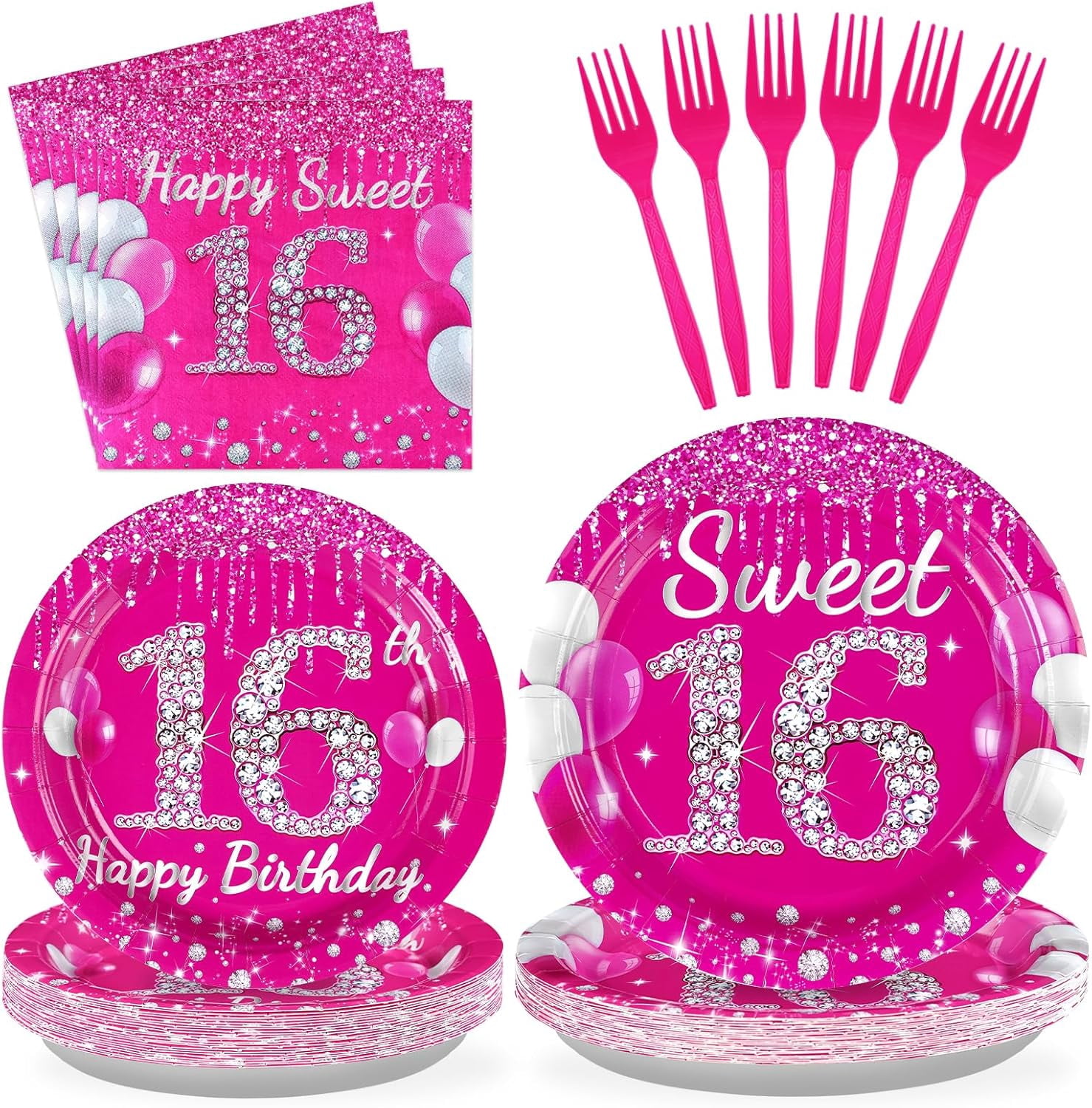 96Pcs 16th Birthday Party Supplies 350 GSM Hot Pink Sweet 16 Plates and ...