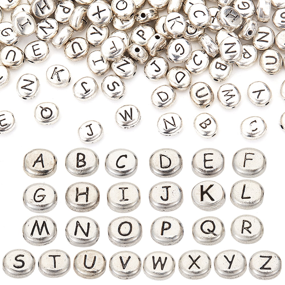 96Pcs 24 Styles Tibetan Style Alloy Beads Silver Oval with Letter ...