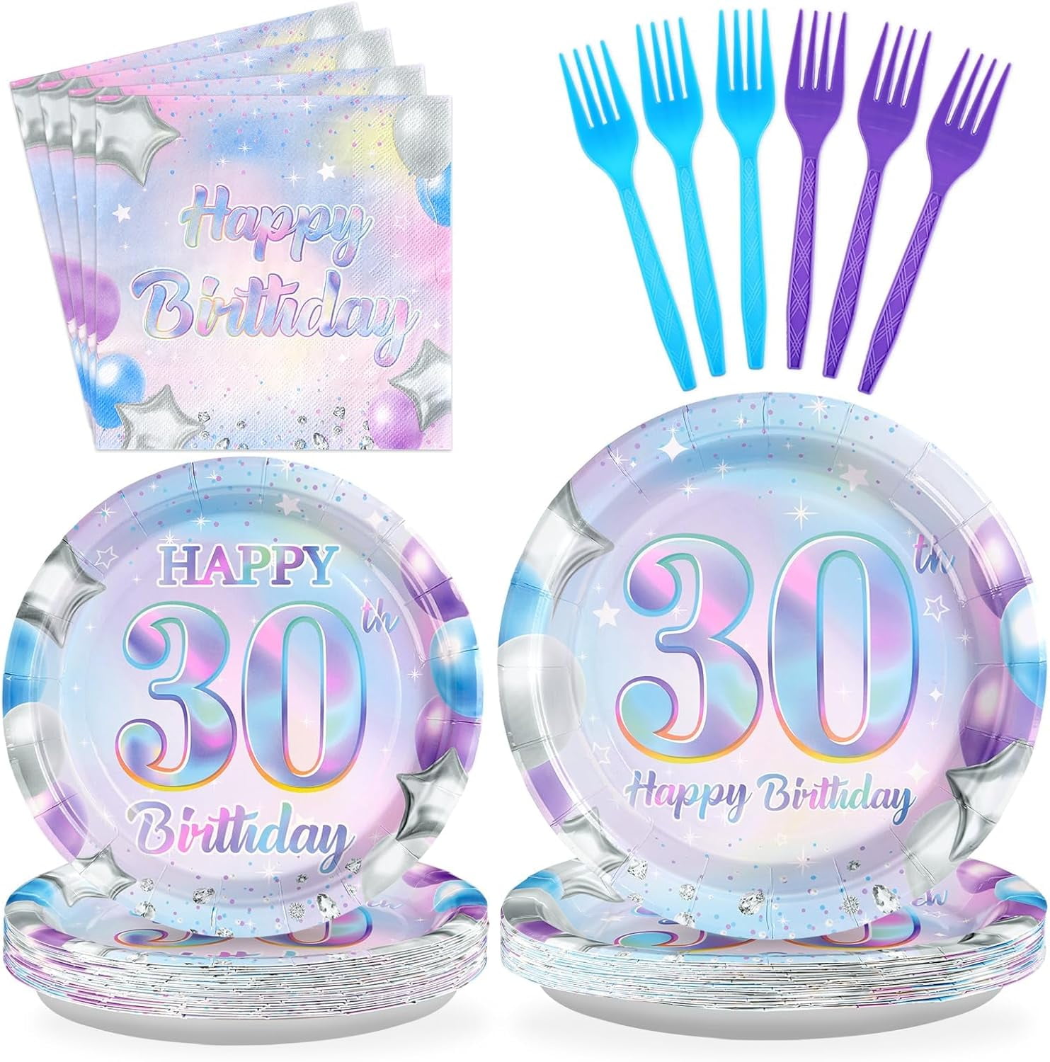 96Pcs 30th Birthday Decorations Iridescent 30th Birthday Party Plates ...