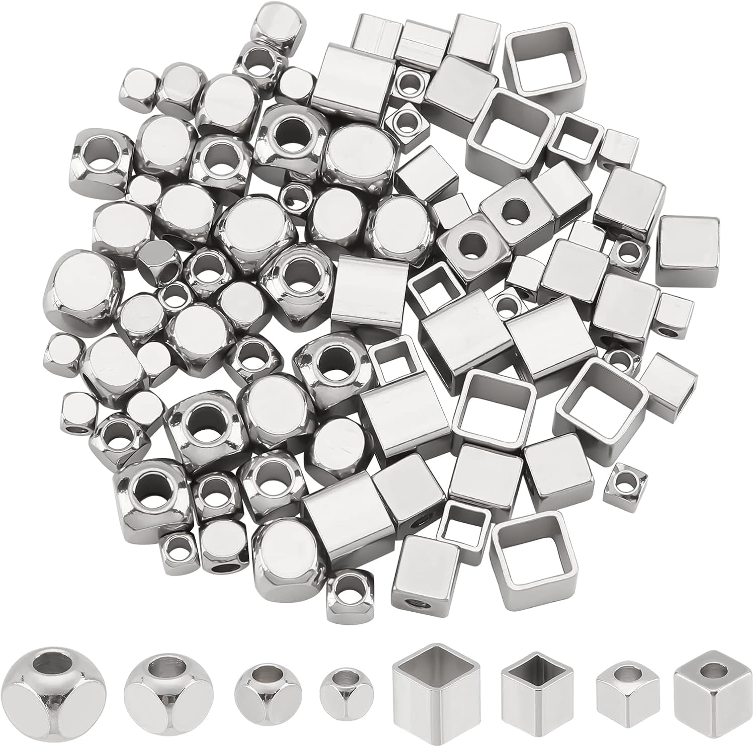 96Pcs 8 Style 304 Stainless Steel Beads Cube Stainless Steel Color ...