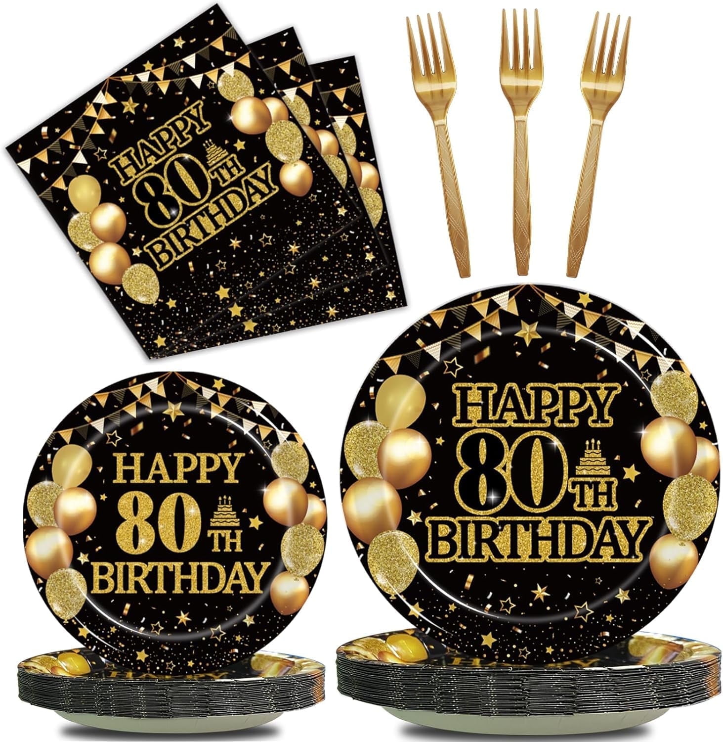 Vintage 80th Birthday Celebration Supplies: 96Pcs Tableware Set (Dishes ...
