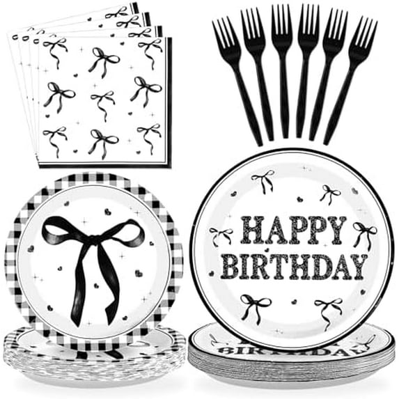 96Pcs Black Bow Birthday Party Decorations Girls Black Bow Plates ...