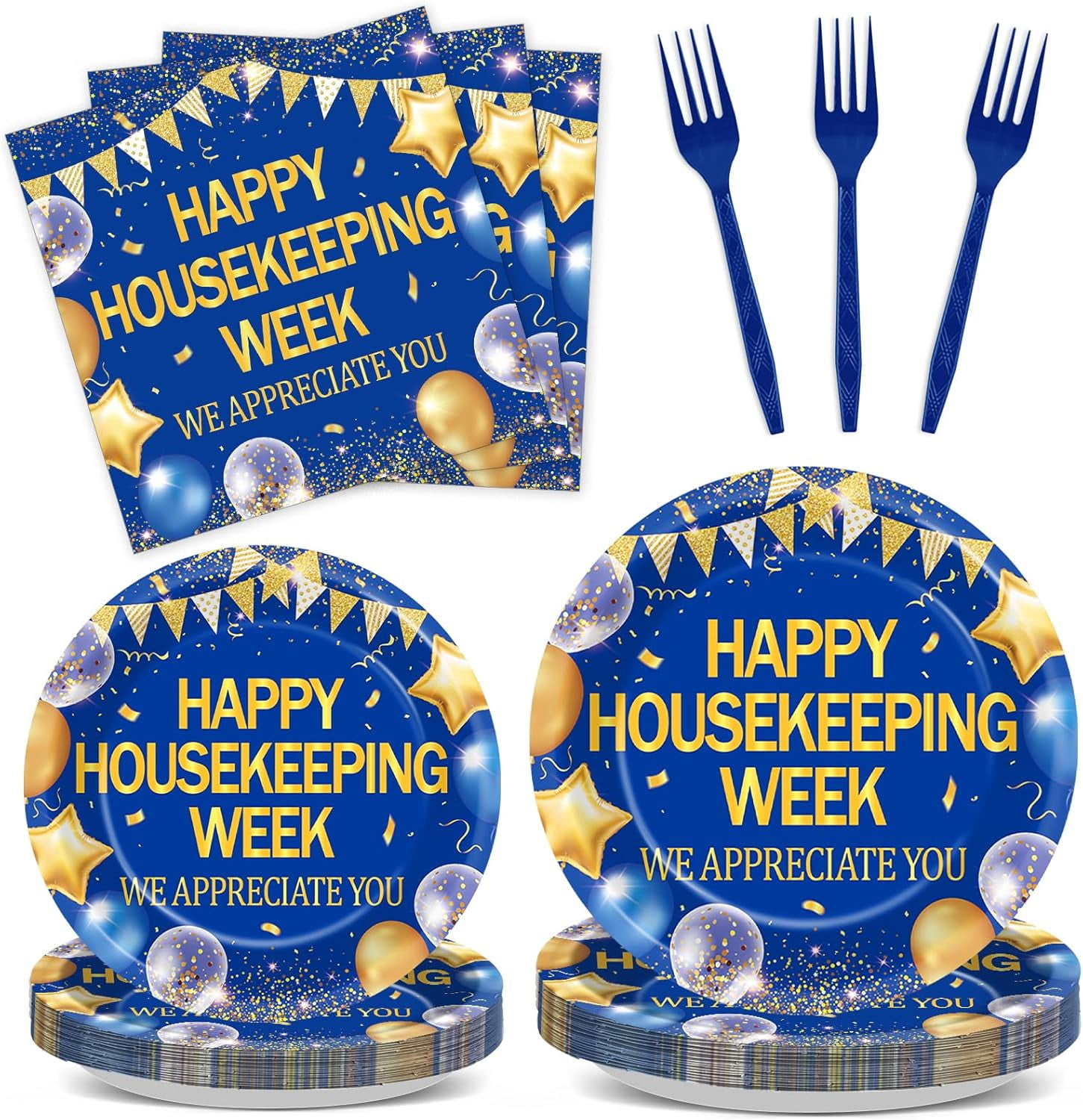 96Pcs Blue and Gold Happy Housekeeping Week Paper Plates and Napkins We ...